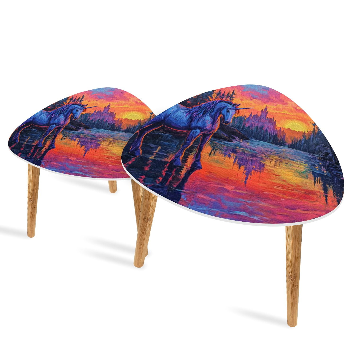 Set of 2 Triangle End Table Diy Oil Painting Horse Landscape Lake At ...