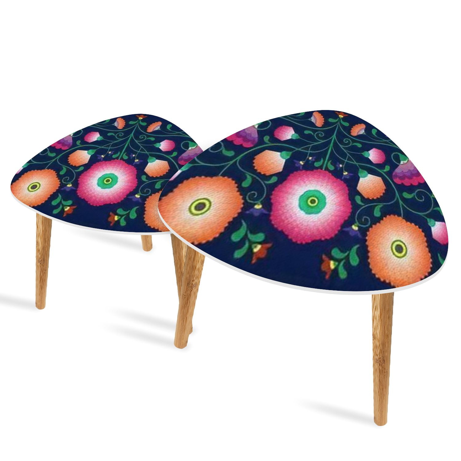 Set of 2 Triangle End Table Embroidery native flowers folk Polish ...