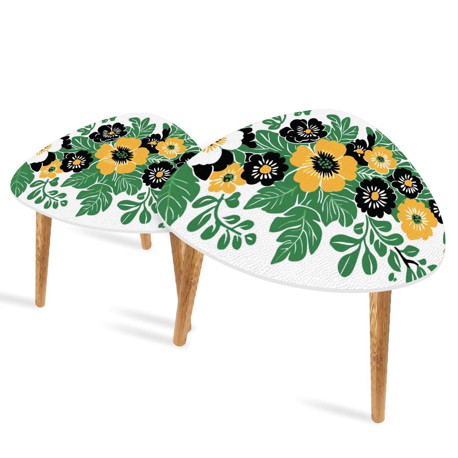 Set of 2 Triangle End Table Floral Boho Green Floral Motifs Symmetrical ...