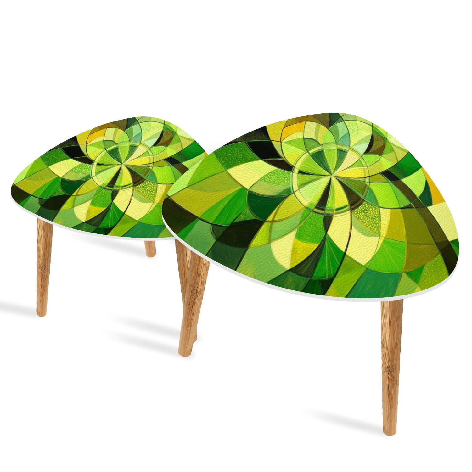Set of 2 Triangle End Table Floral Boho Green Floral Motifs Symmetrical ...