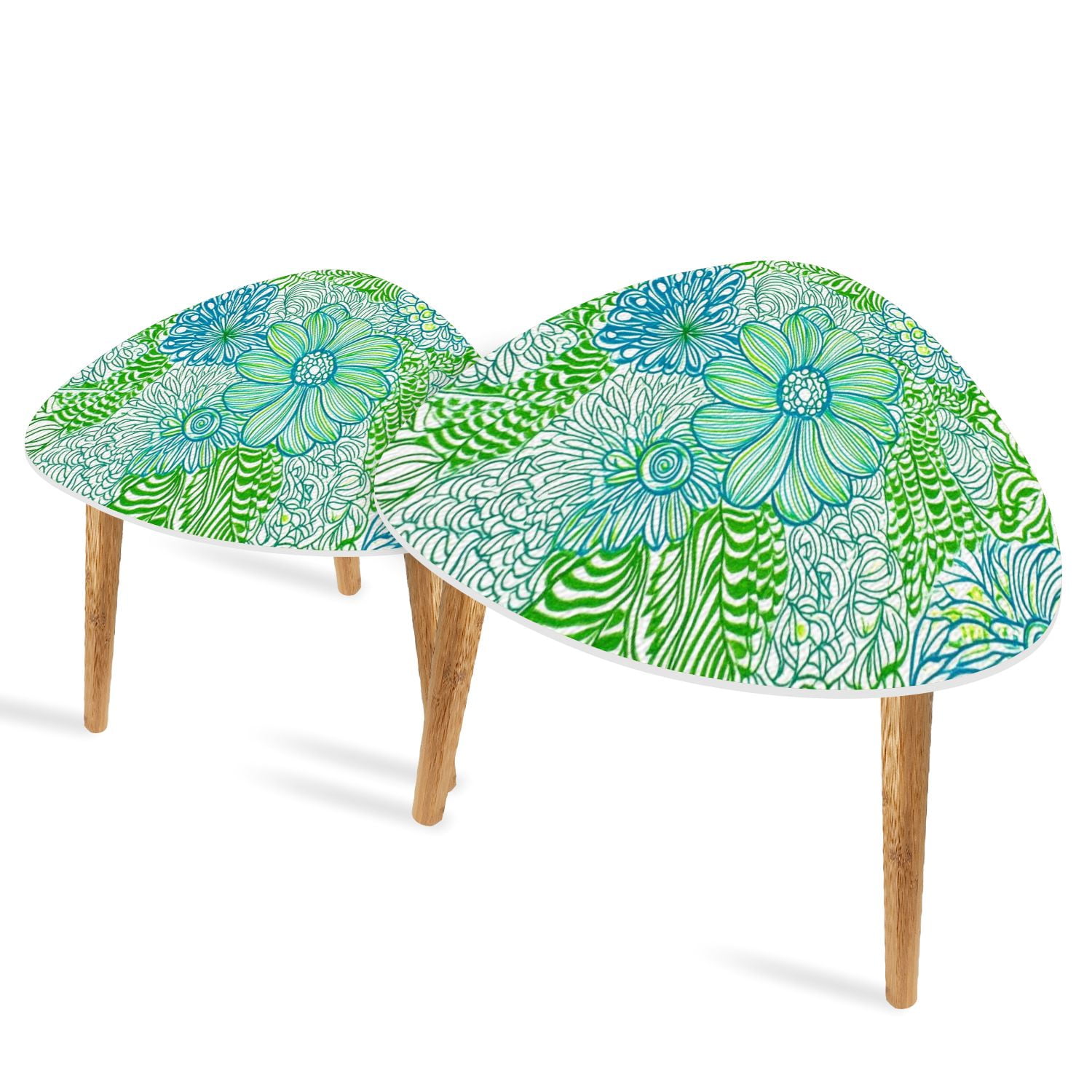 Set of 2 Triangle End Table Floral Boho Green Floral Motifs Symmetrical ...