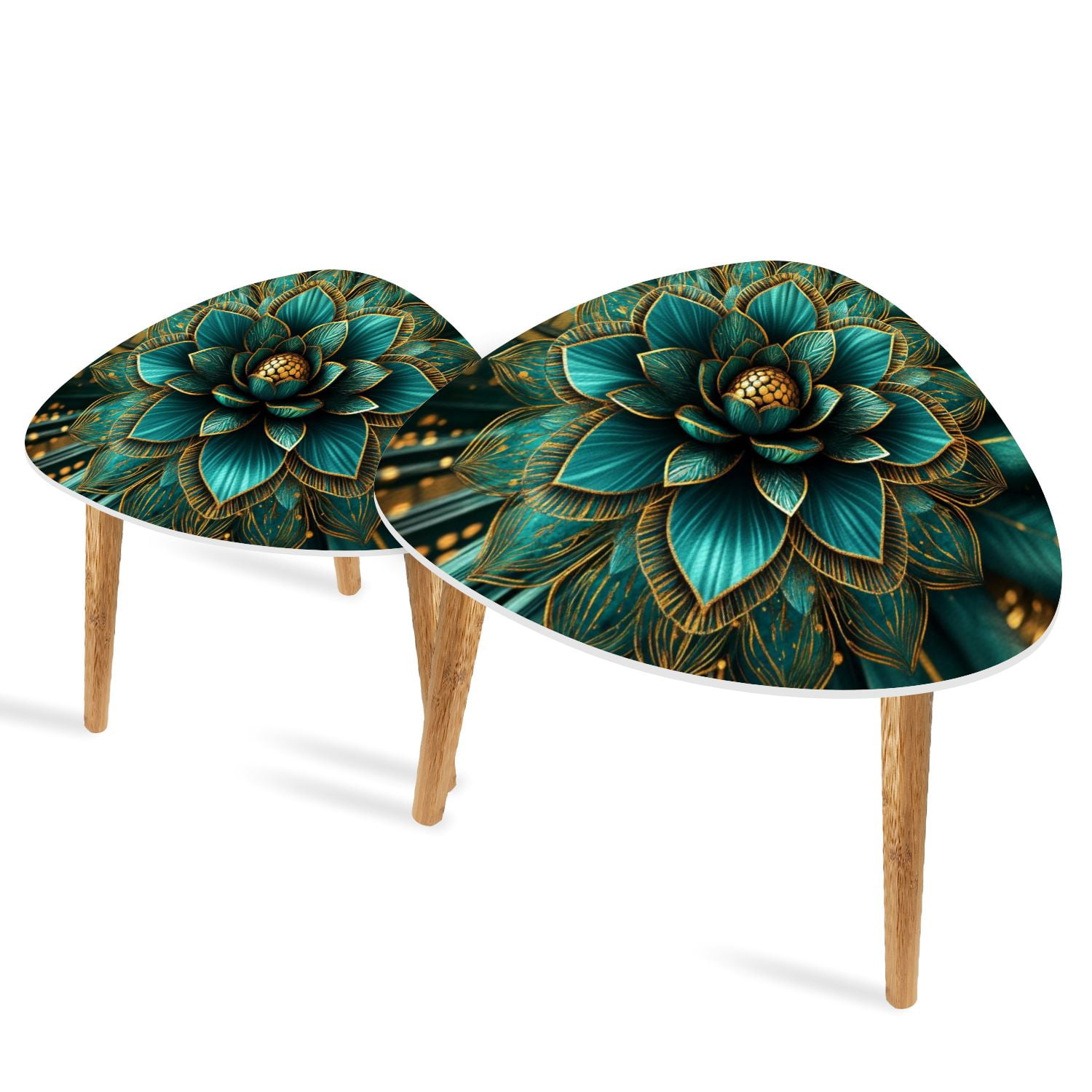 Set of 2 Triangle End Table Floral Boho Green Floral Motifs Symmetrical ...