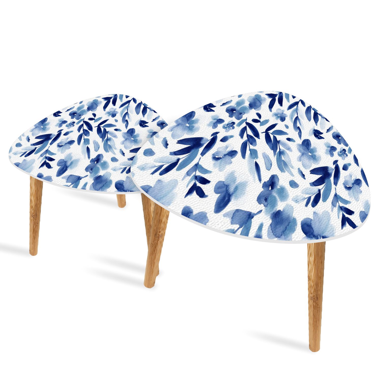 Set of 2 Triangle End Table Floral blue white Seamless abstract ...