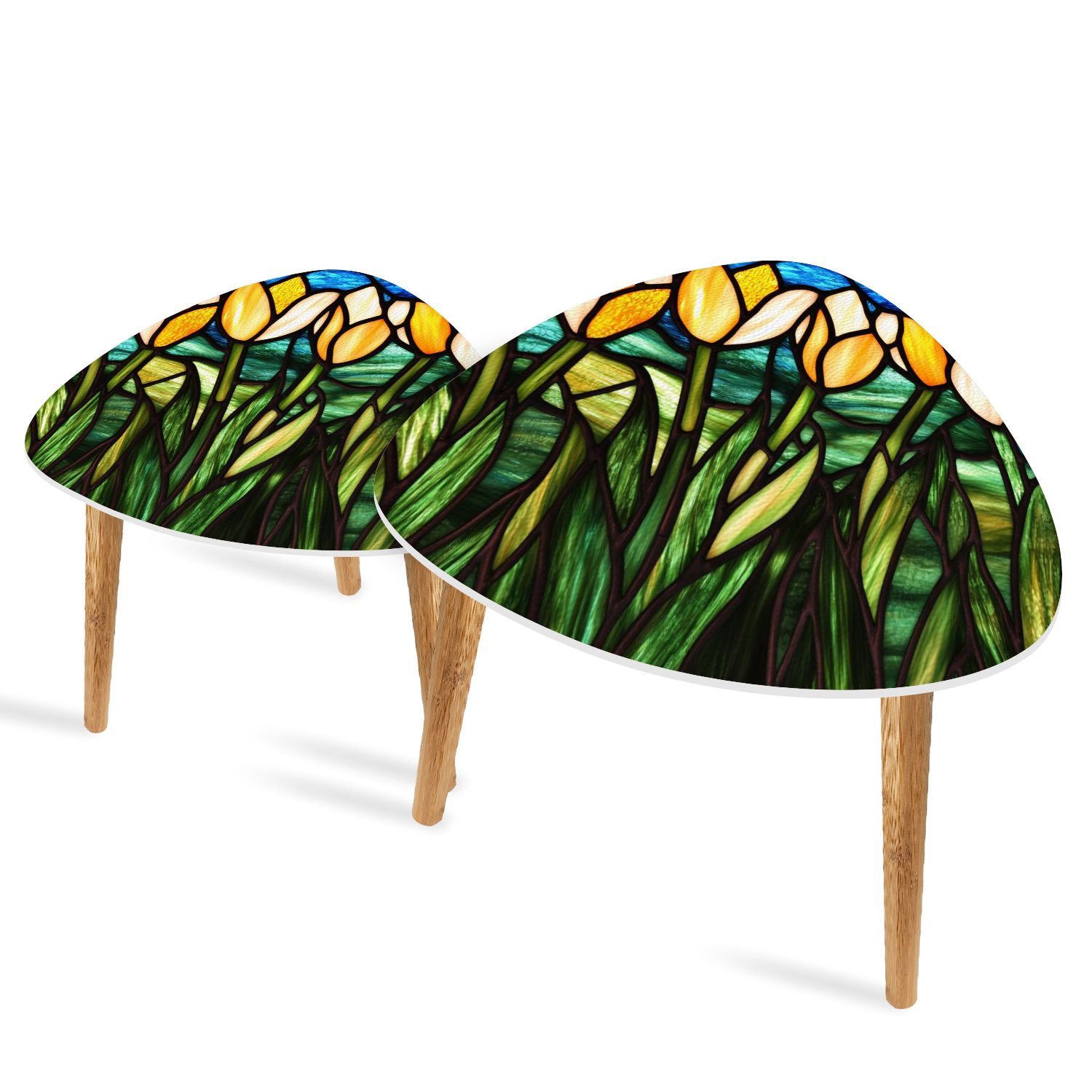 Set of 2 Triangle End Table Flowers Flower Floral Tulips Green Stems ...