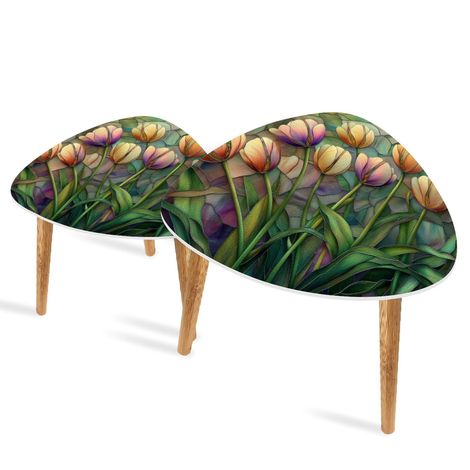 Set of 2 Triangle End Table Flowers Flower Floral Tulips Green Stems ...