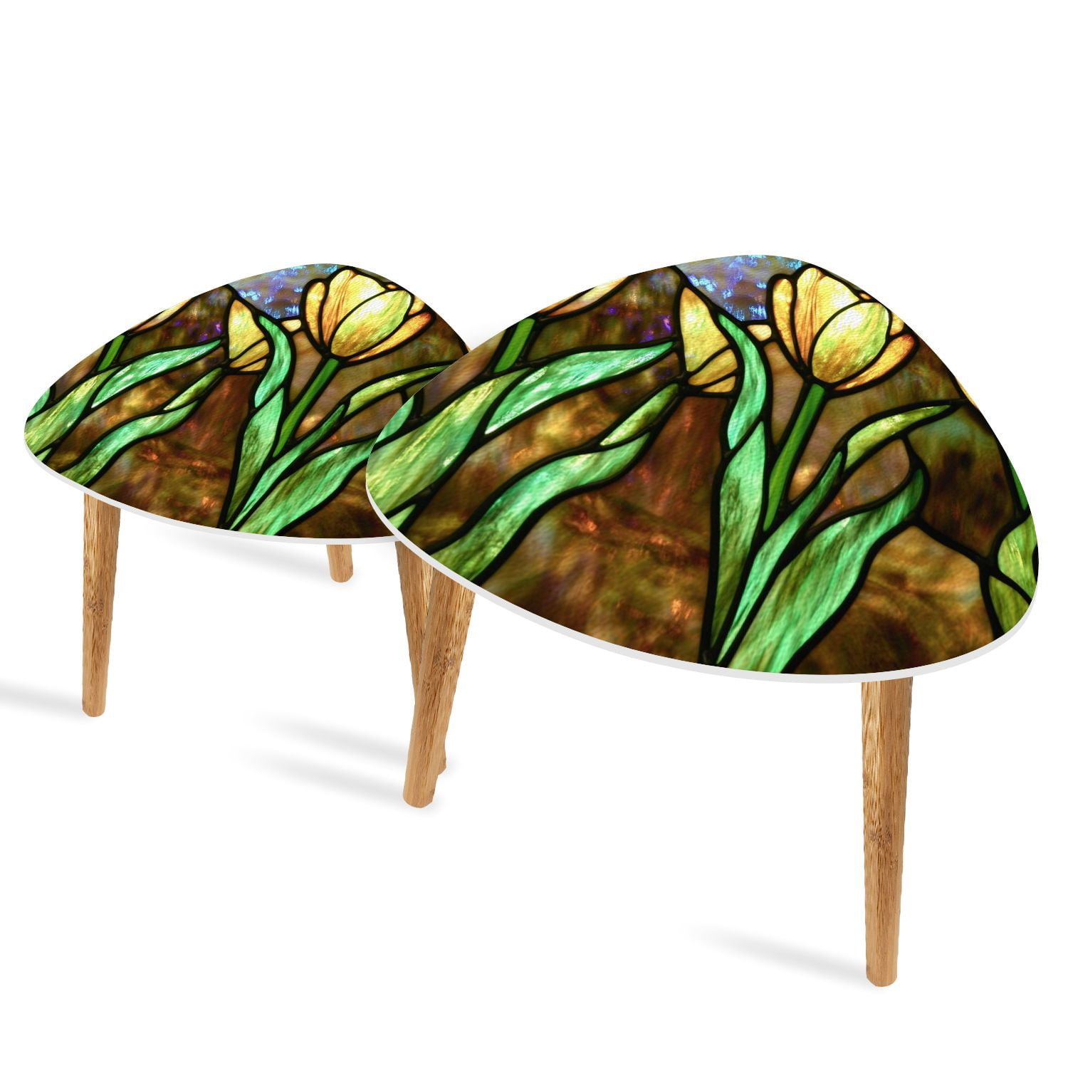 Set of 2 Triangle End Table Flowers Flower Floral Tulips Green Stems ...