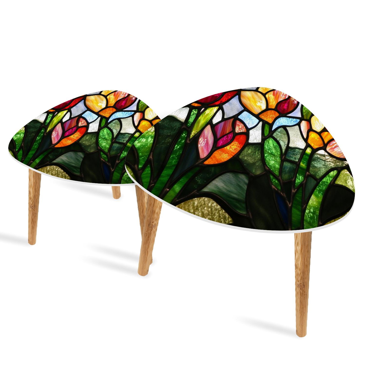 Set of 2 Triangle End Table Flowers Flower Floral Tulips Green Stems ...