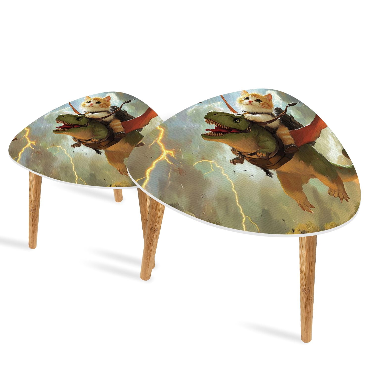 Set of 2 Triangle End Table Funny Cat Riding Dinosaur Fantasy Set of 2 ...