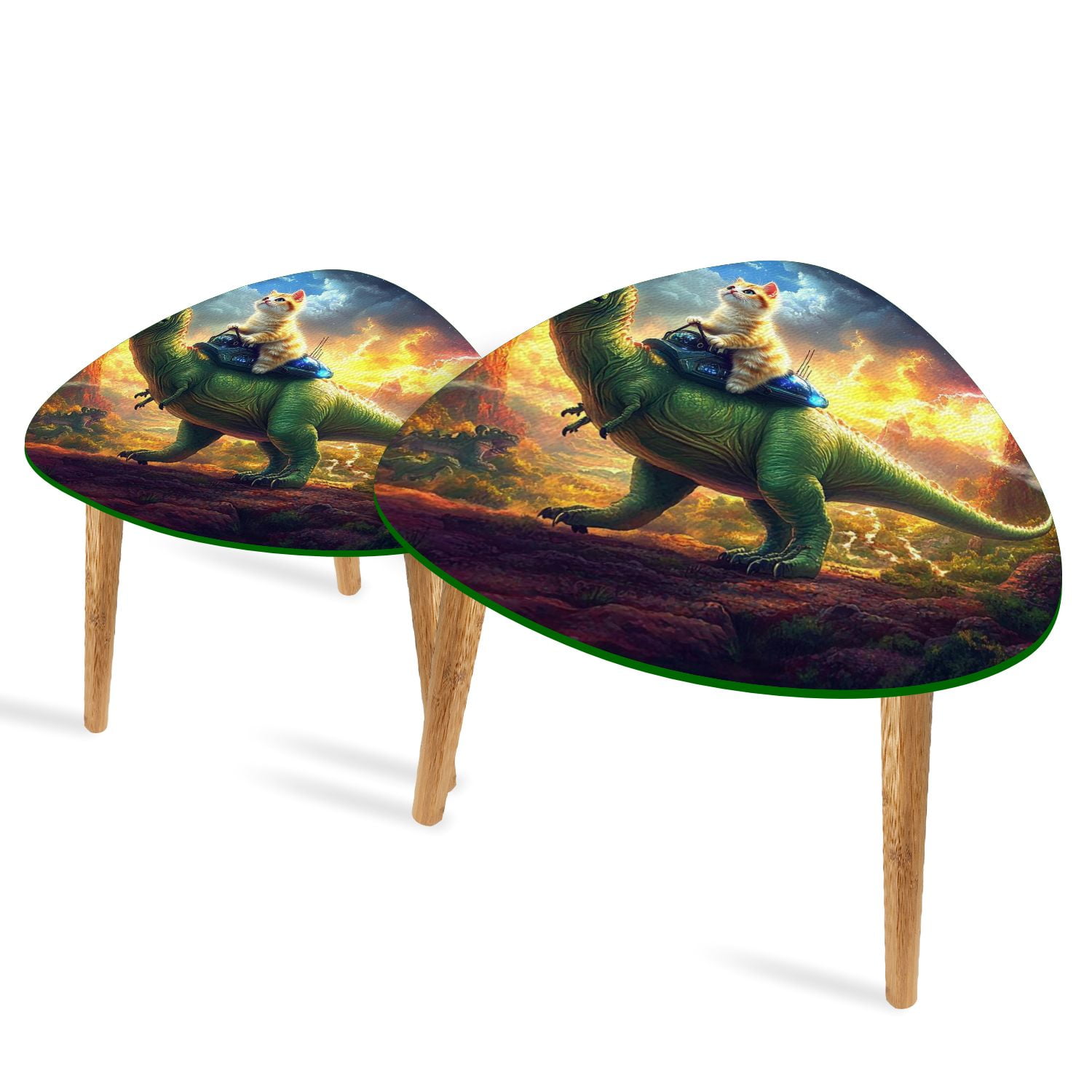 Set of 2 Triangle End Table Funny Cat Riding Dinosaur Fantasy Set of 2 ...