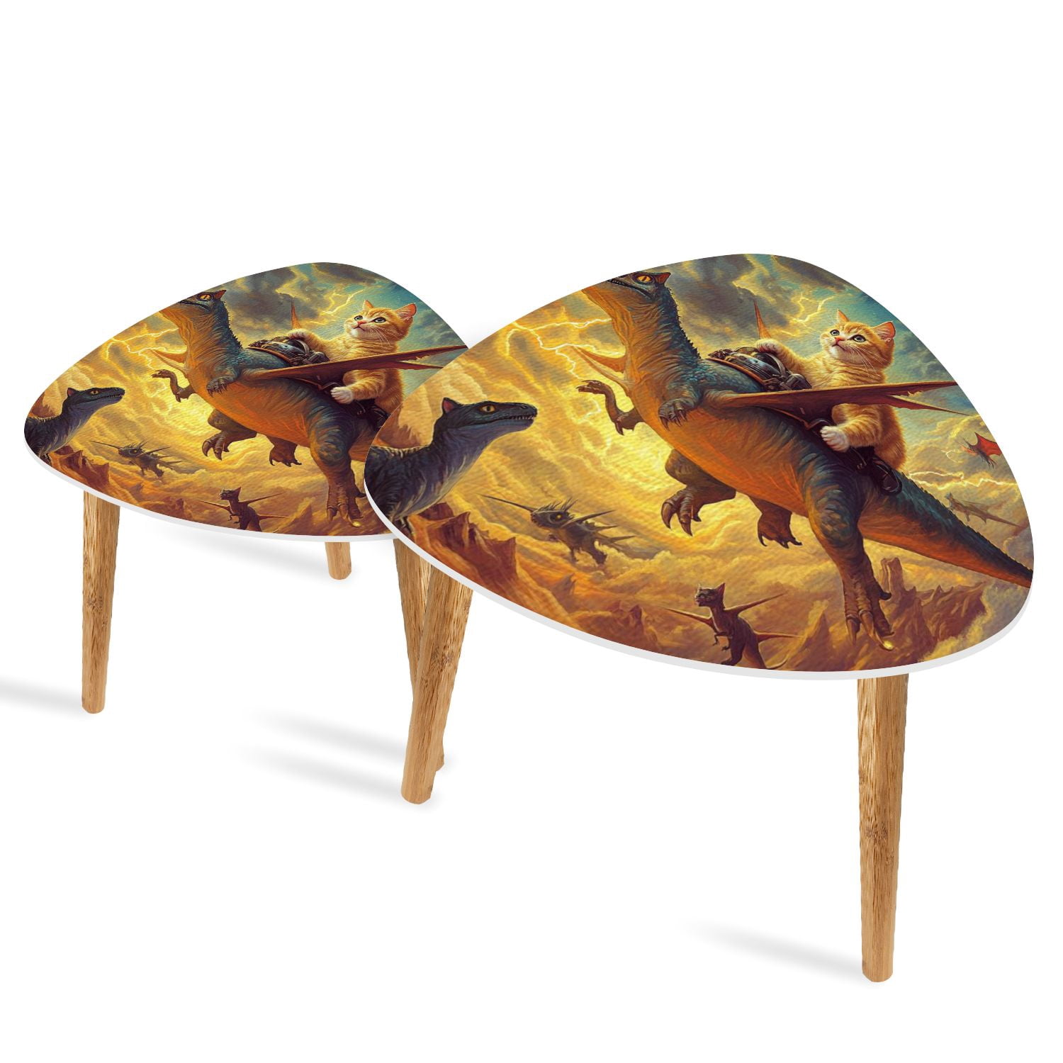 Set of 2 Triangle End Table Funny Cat Riding Dinosaur Fantasy Set of 2 ...