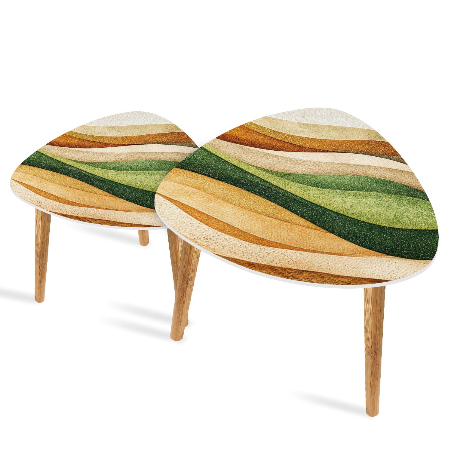 Set of 2 Triangle End Table Hand Drawn Retro Faux Glitter Gold Emerald ...