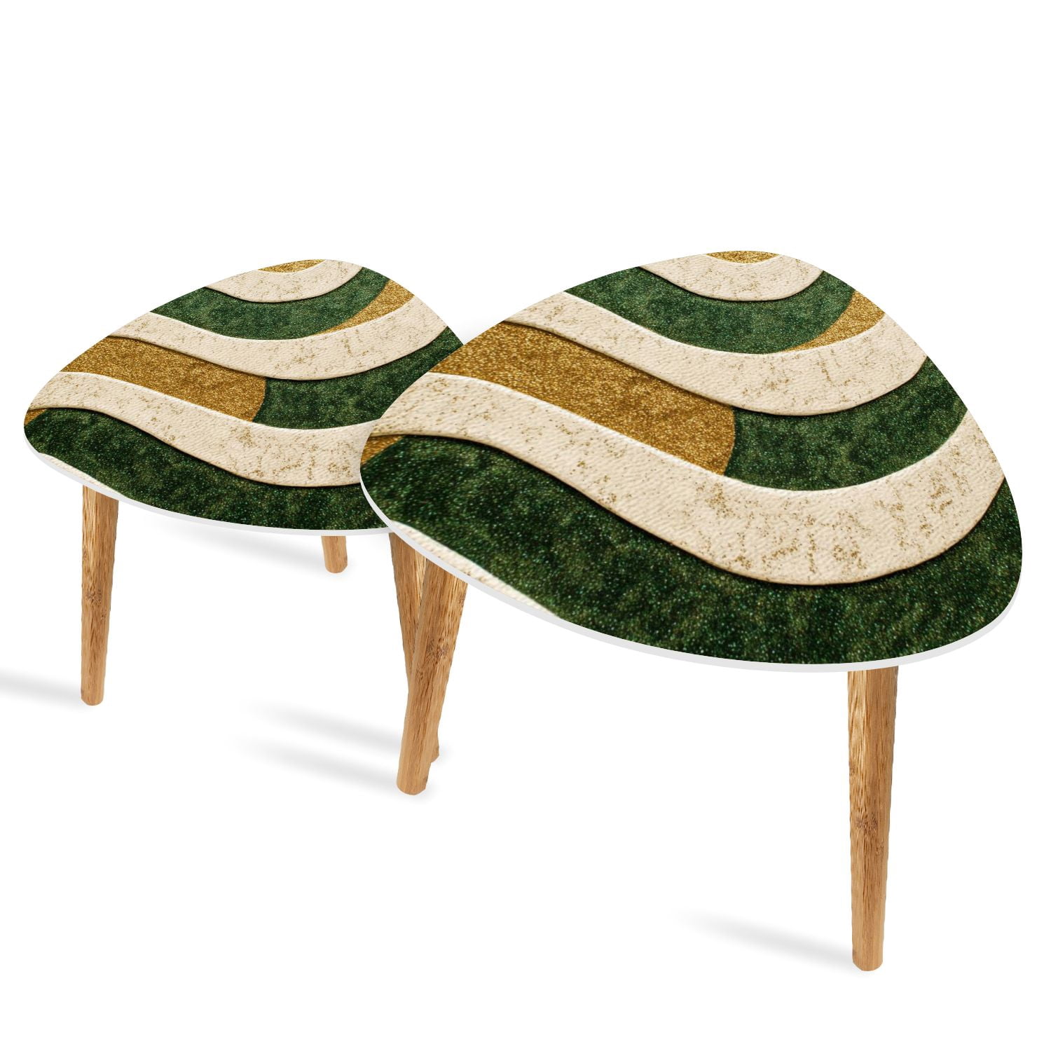 Set of 2 Triangle End Table Hand Drawn Retro Faux Glitter Gold Emerald ...