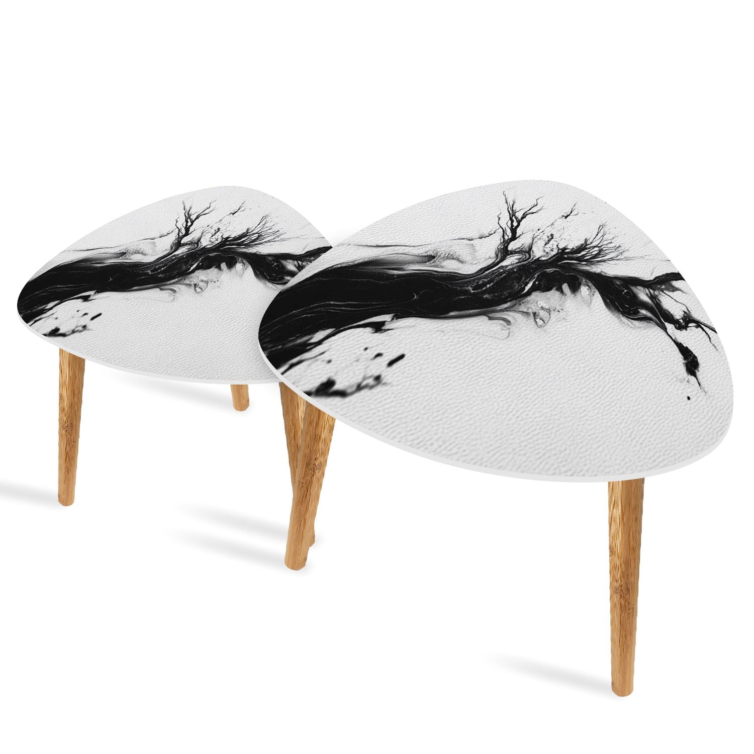 Set of 2 Triangle End Table Marble Black Veins White Background Smooth ...