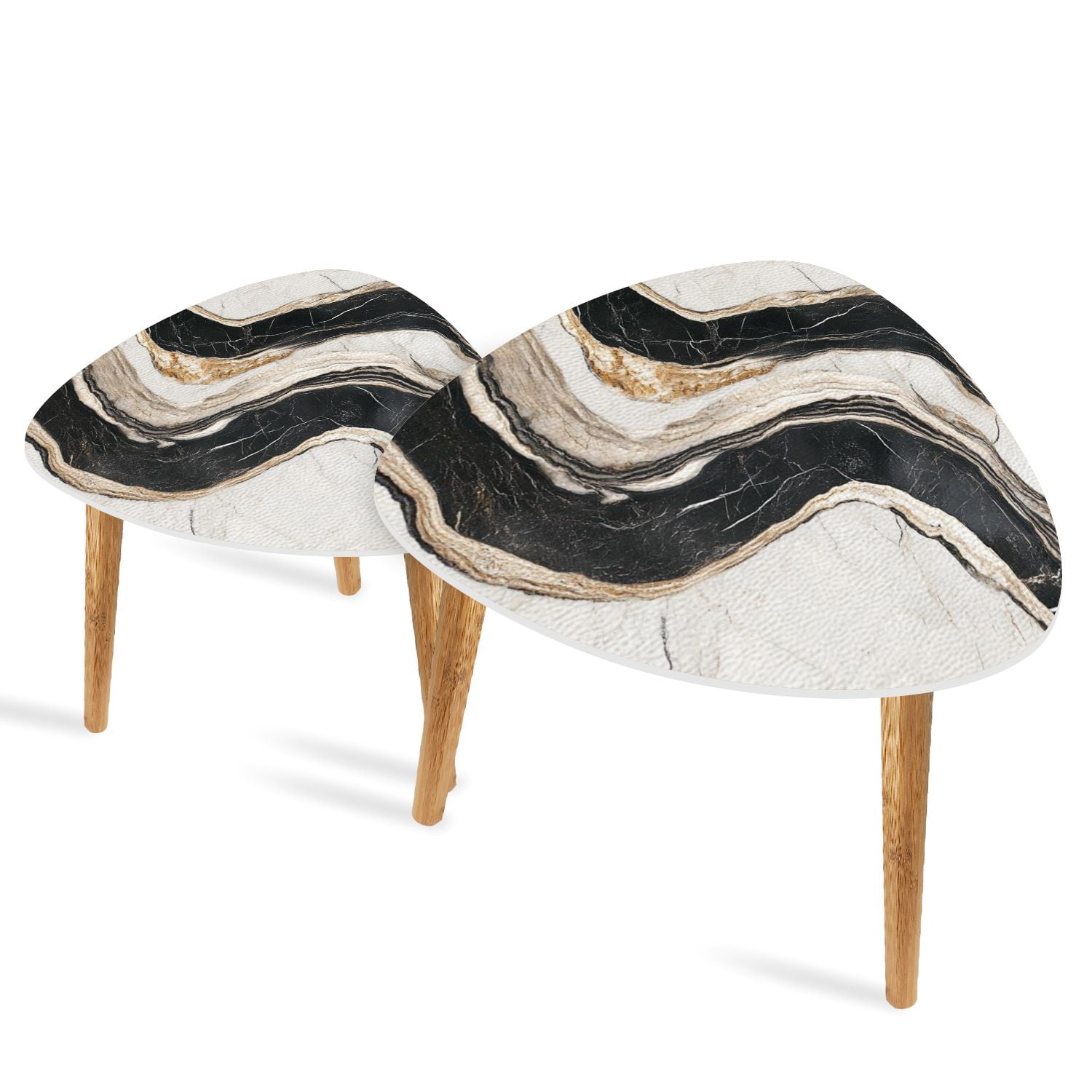 Set of 2 Triangle End Table Marble Black Veins White Background Smooth ...