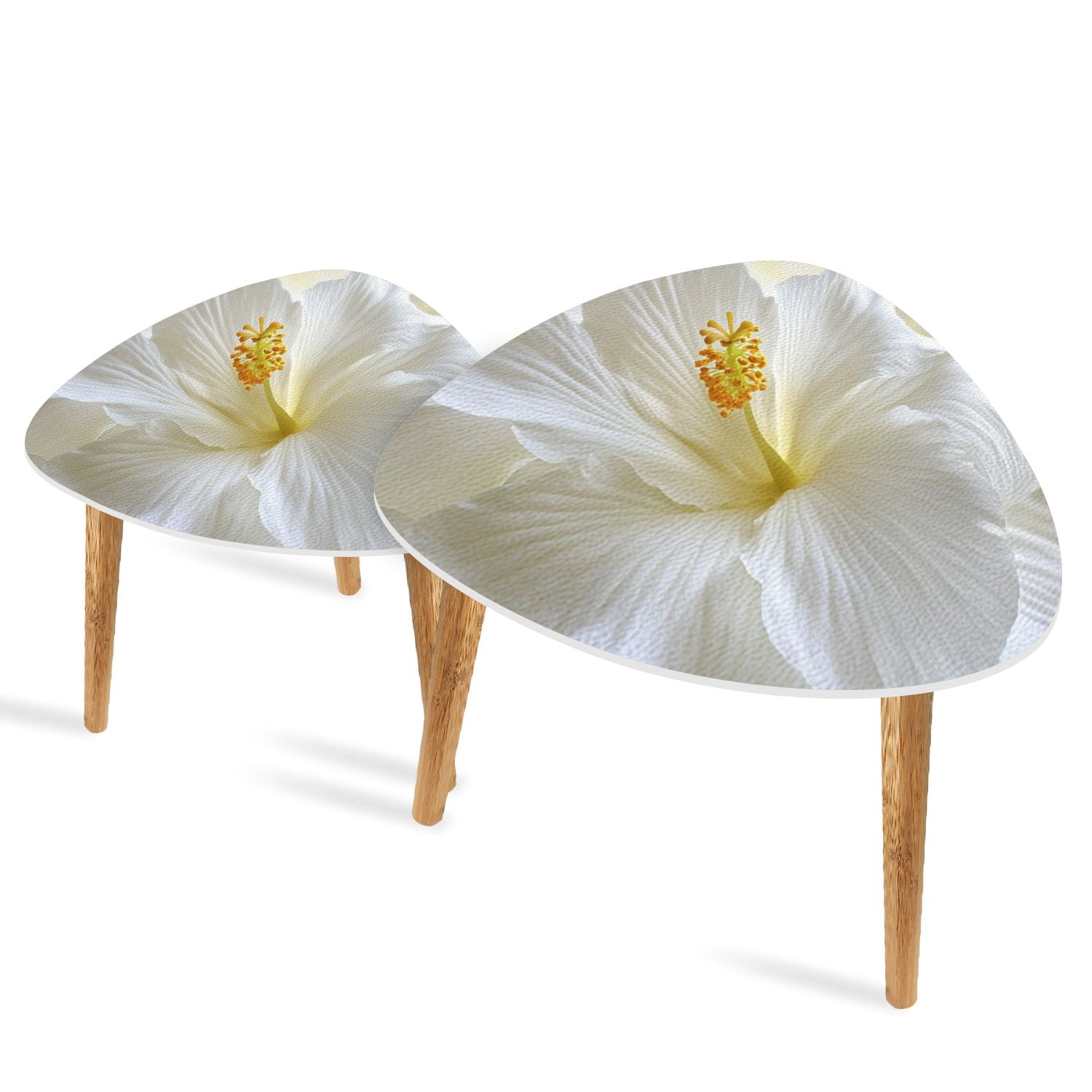 Set of 2 Triangle End Table Modern White Floral Golden Leaves Neutral ...