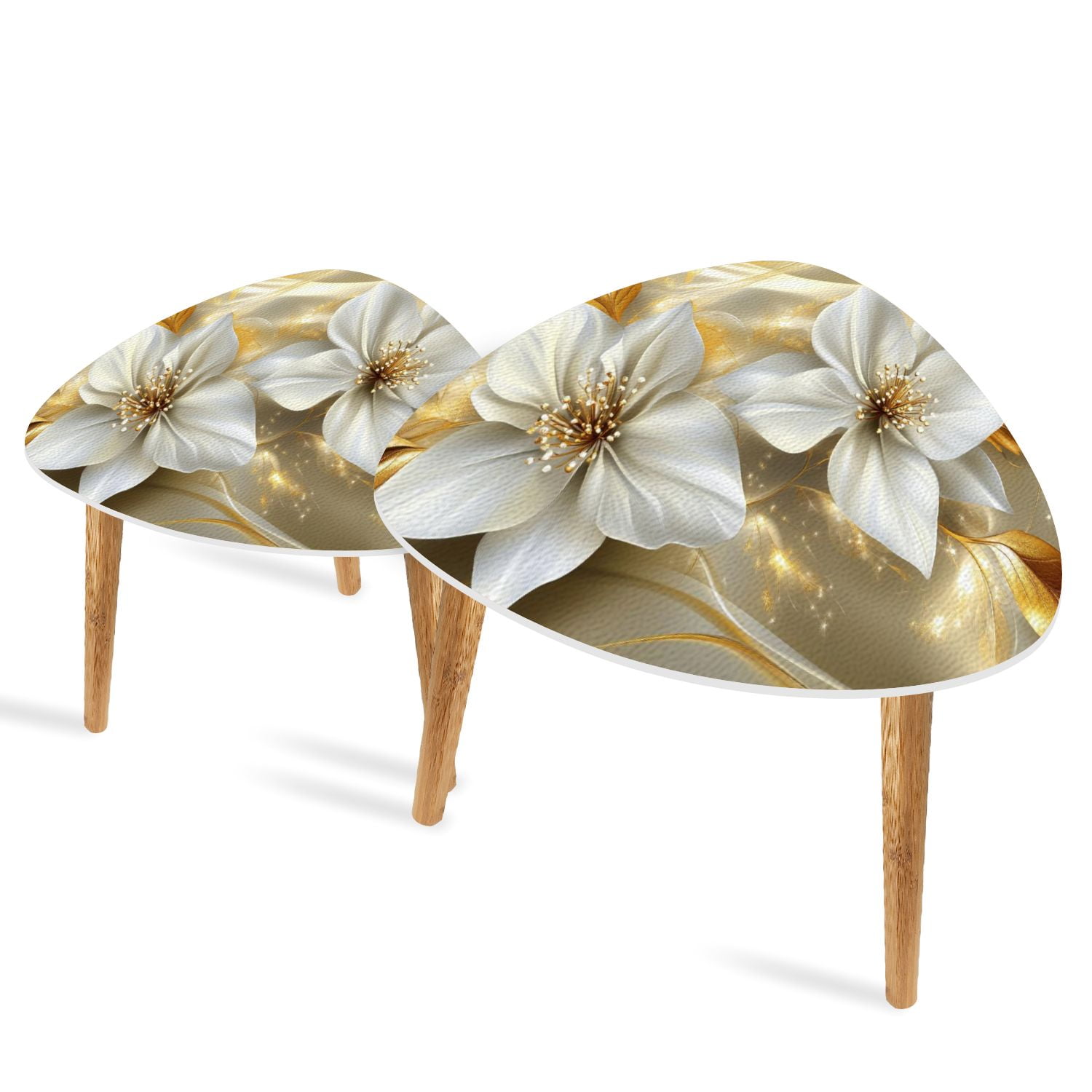 Set of 2 Triangle End Table Modern White Floral Golden Leaves Neutral ...