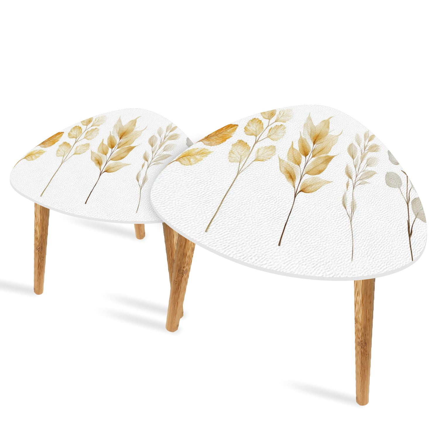 Set of 2 Triangle End Table Modern White Floral Golden Leaves Neutral ...