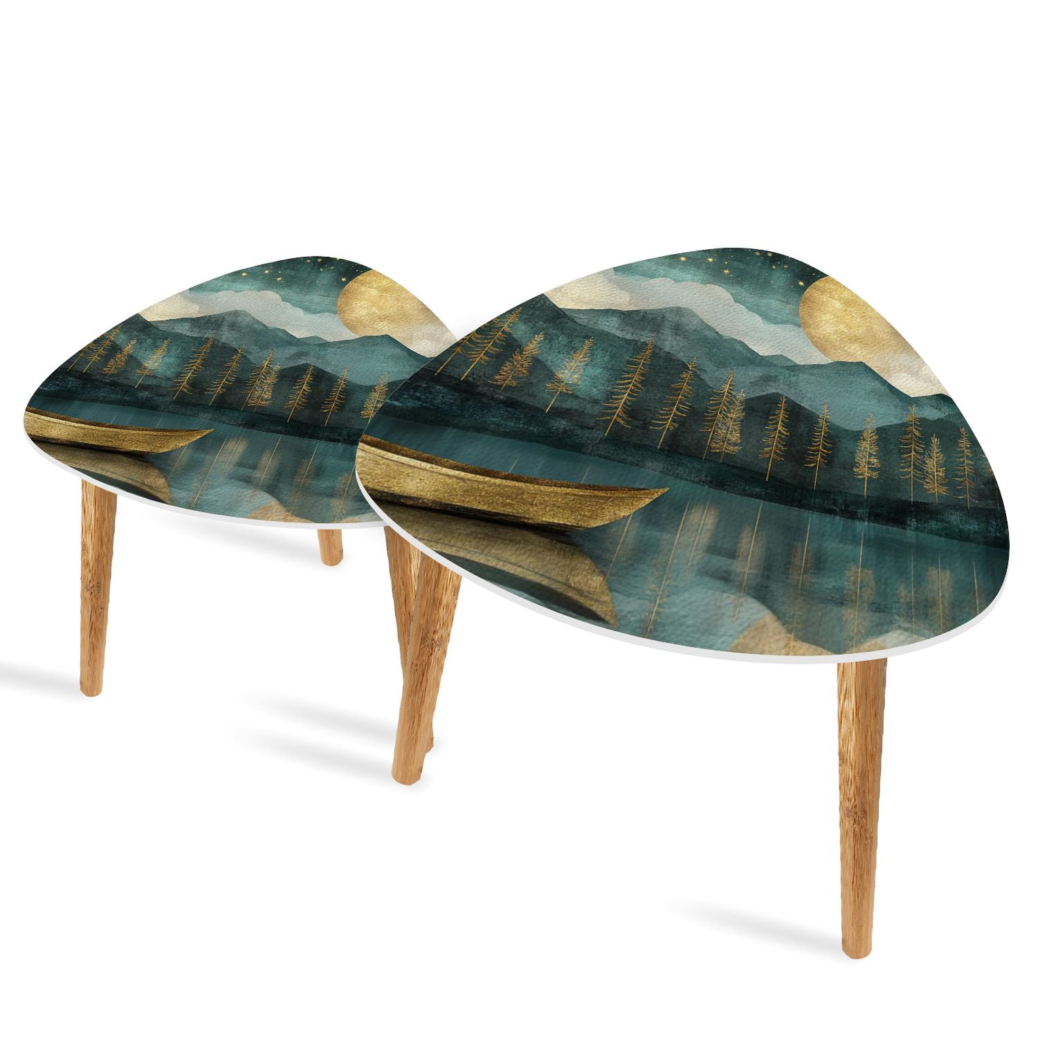 Set of 2 Triangle End Table Mountain Nature Forest Tree Aesthetic Moon ...