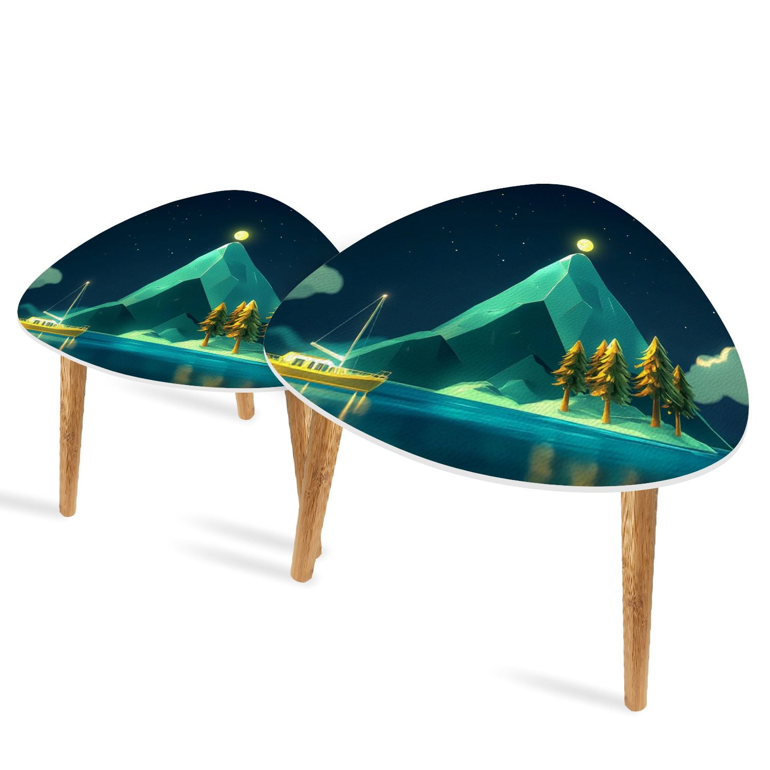 Set of 2 Triangle End Table Mountain Nature Forest Tree Aesthetic Moon ...
