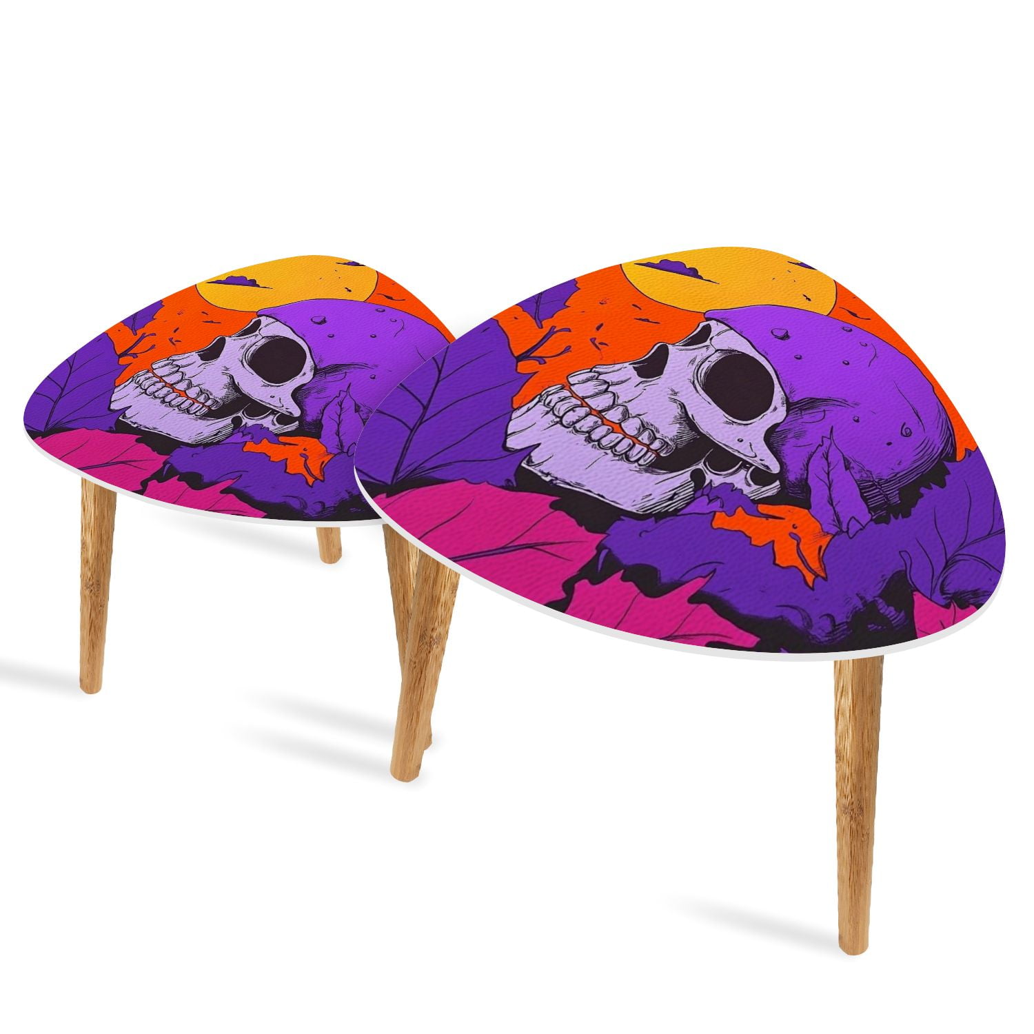 Set of 2 Triangle End Table Mushroom Skull Skeleton Leaves Large Set of ...
