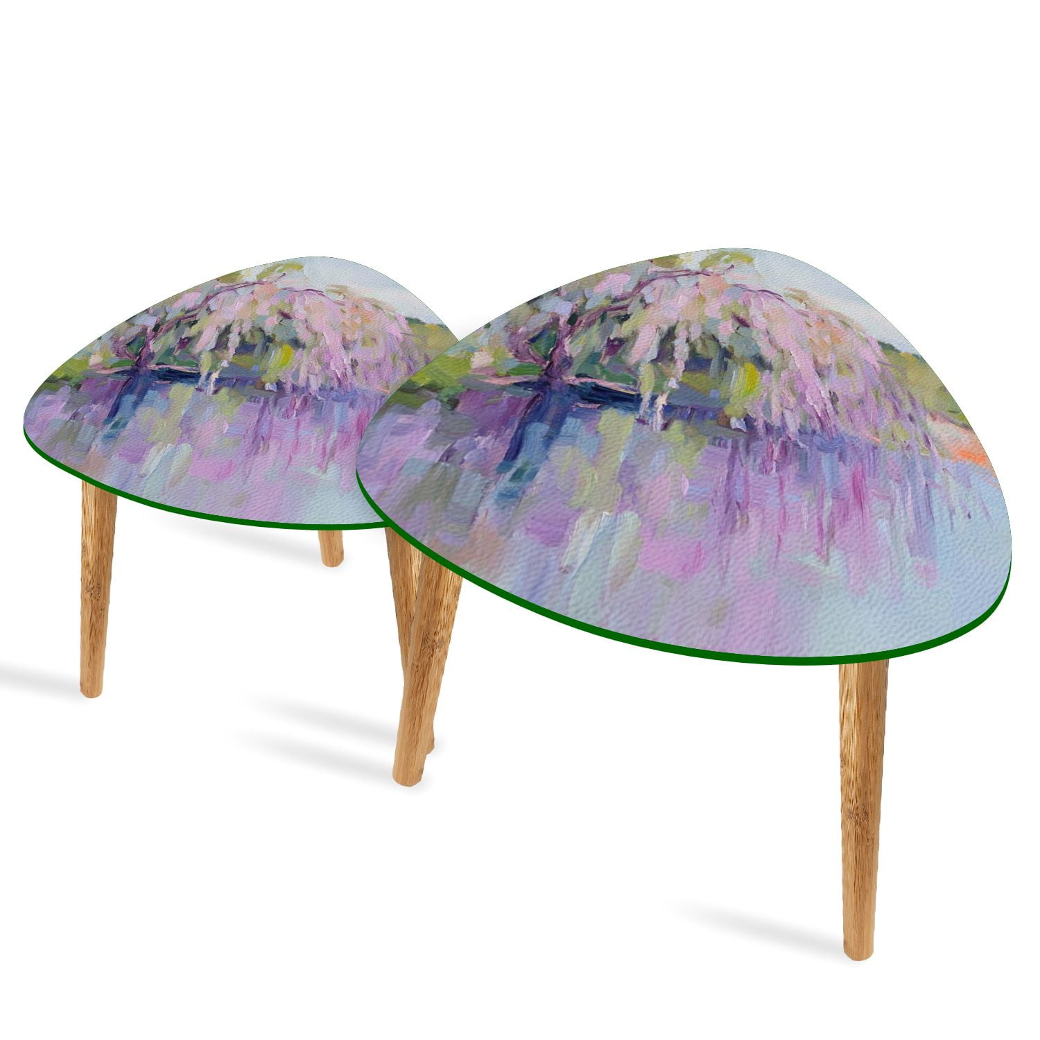 Set of 2 Triangle End Table Nature Plant Serene Pond Weeping Willow Set ...
