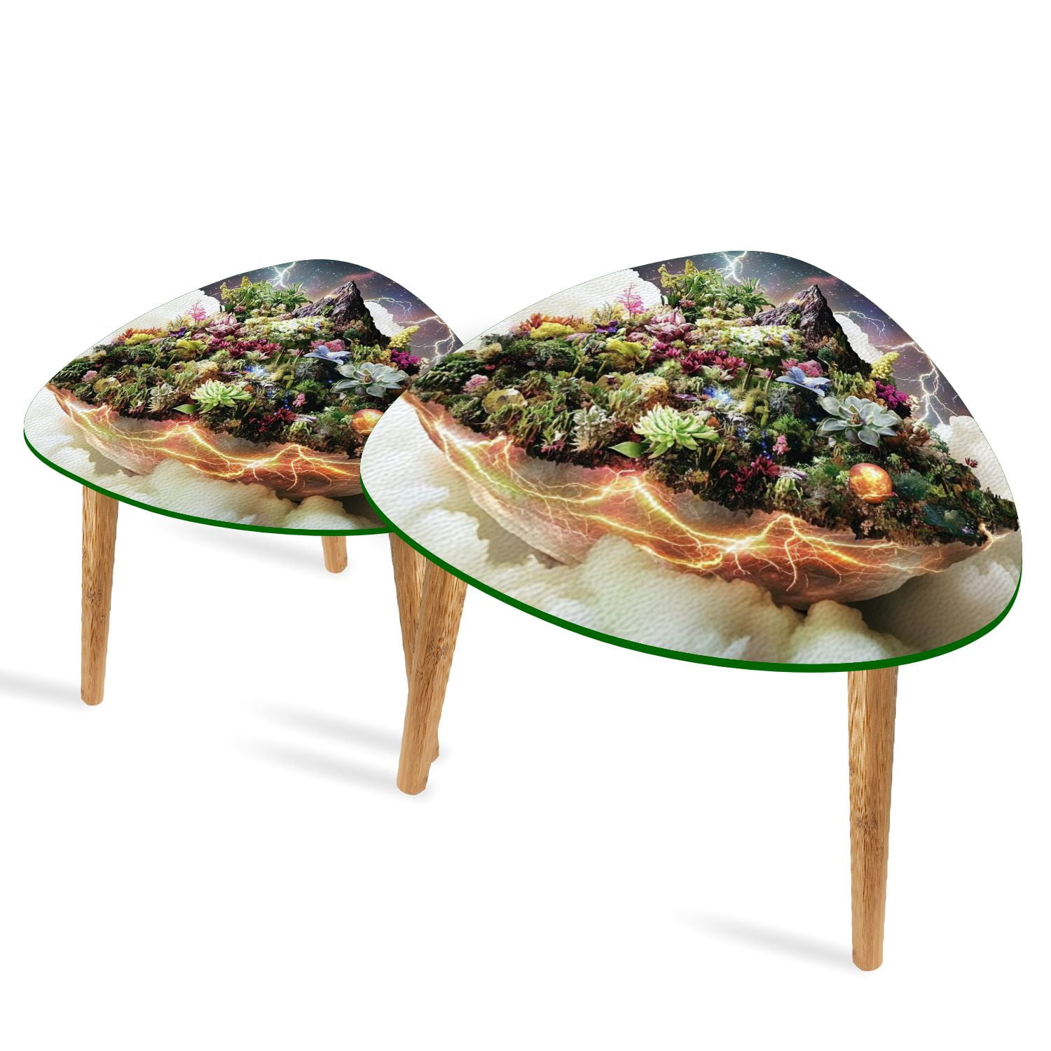 Set of 2 Triangle End Table Planet Mountain Plant Floral Mysterious Set ...