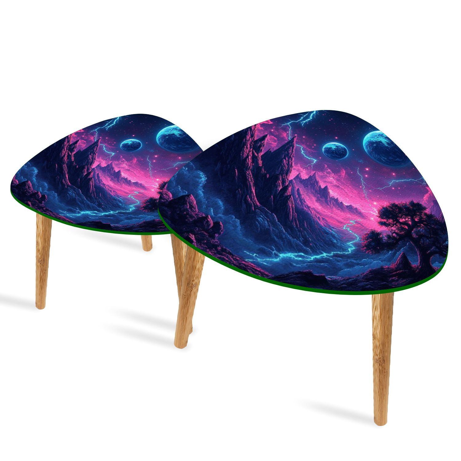 Set of 2 Triangle End Table Planet Mountain Plant Floral Mysterious Set ...