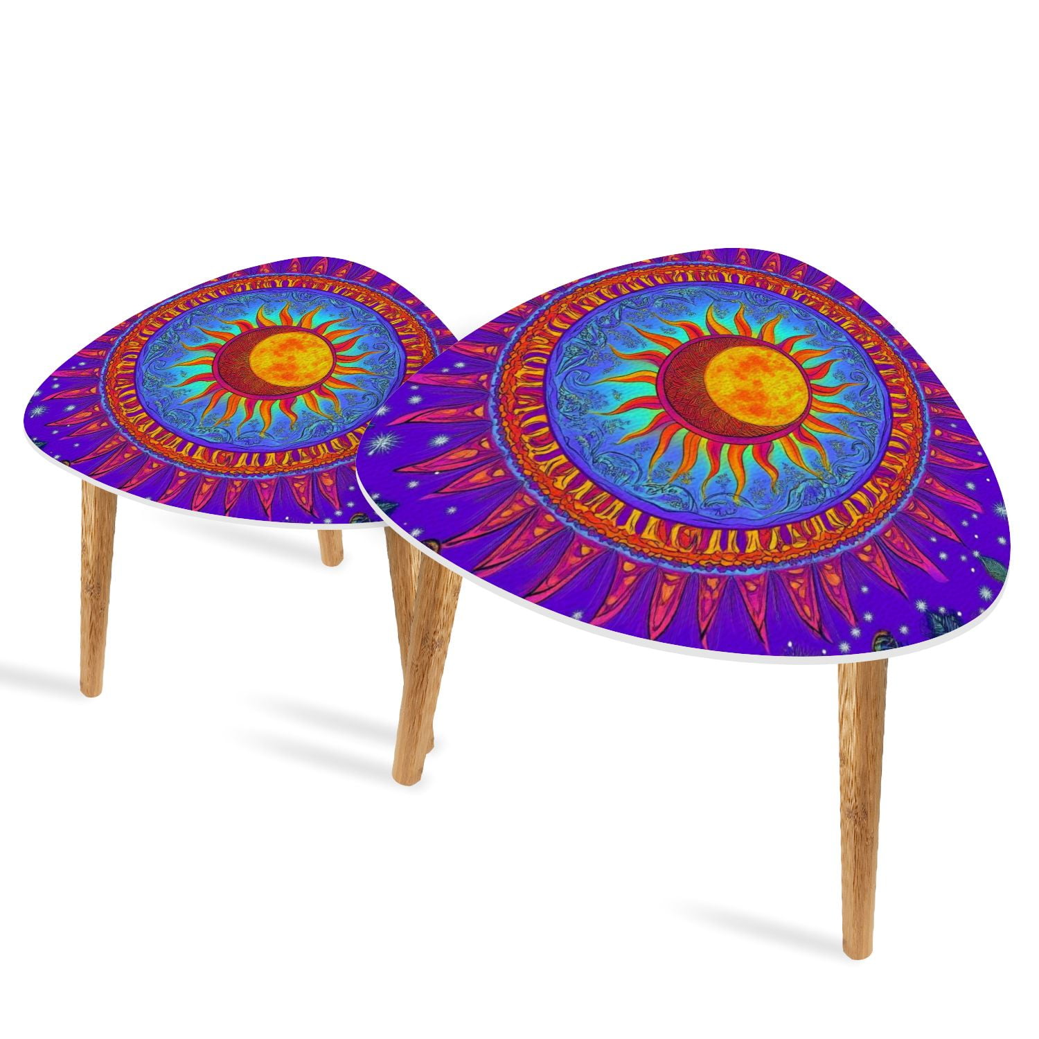 Set of 2 Triangle End Table Psychedelic Colorful Sun Moon Indie Hippie ...