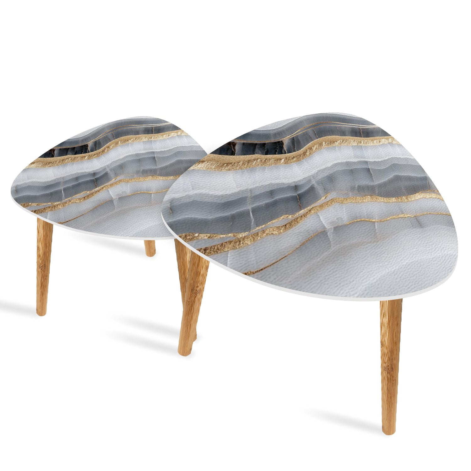 Set of 2 Triangle End Table Retro White Gold Marble Marble Patterns ...