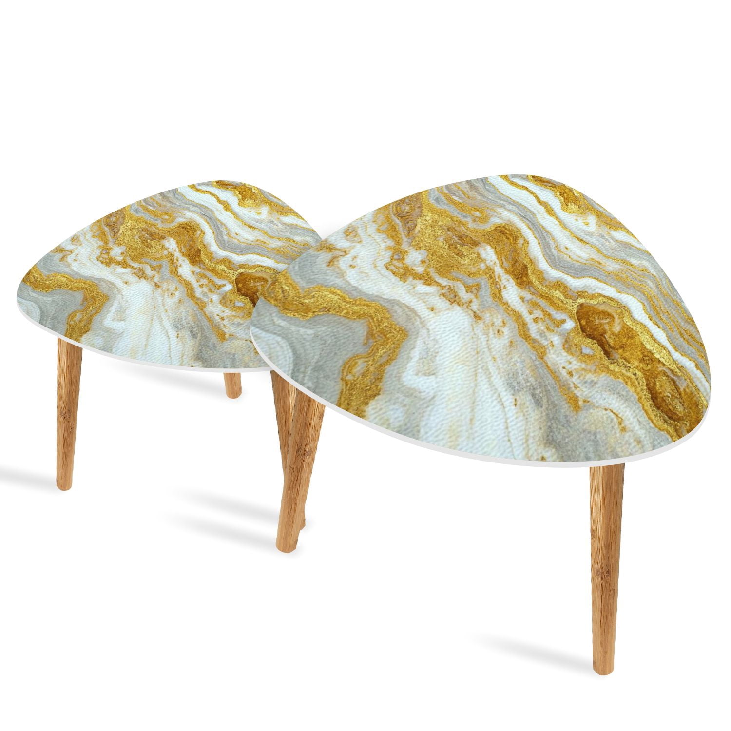 Set of 2 Triangle End Table Retro White Gold Marble Marble Patterns ...