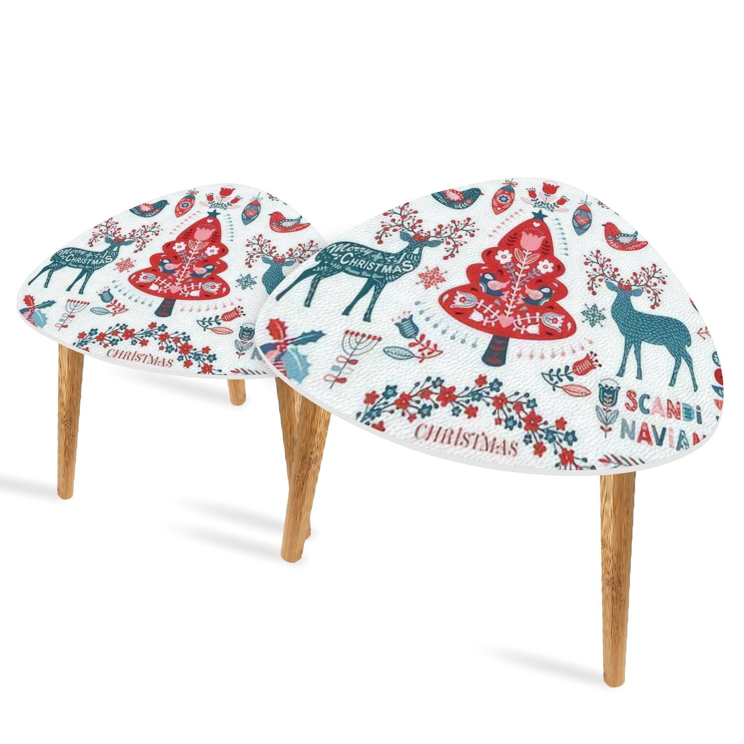 Set of 2 Triangle End Table Scandinavian Christmas Folk Art Design ...