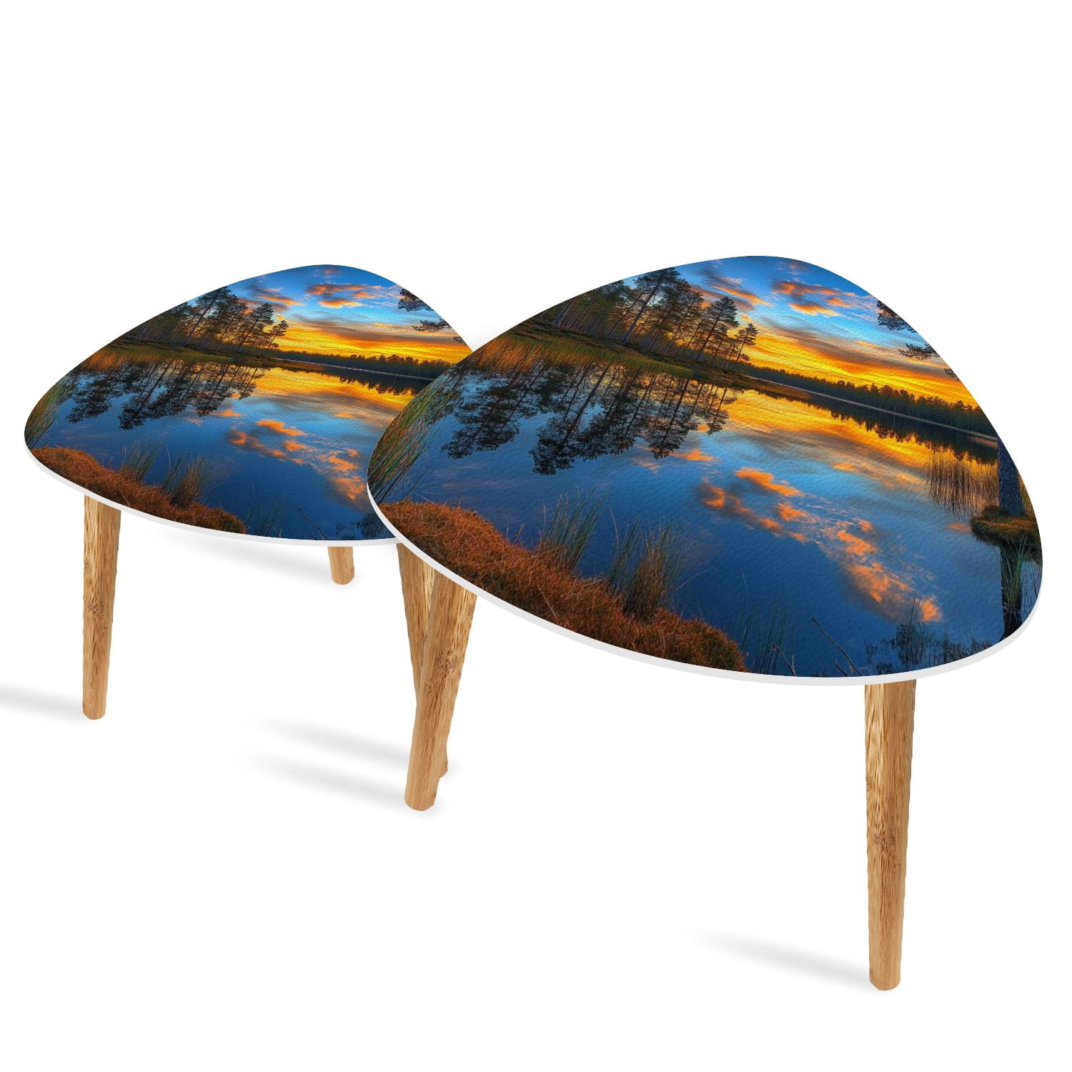 Set of 2 Triangle End Table Scenic Sunset Lake Beautiful Countryside ...