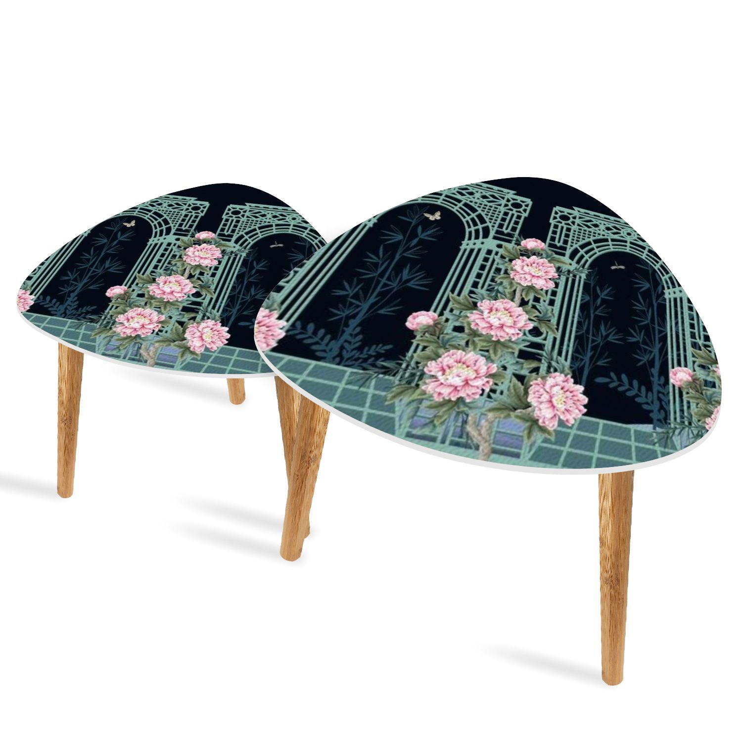 Set of 2 Triangle End Table Seamless border alcove peonies chinoiserie ...