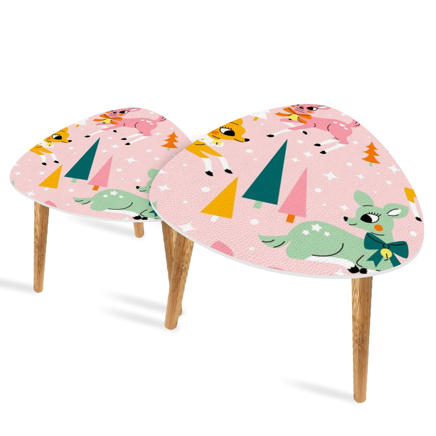 Set of 2 Triangle End Table Seamless pattern Cute fawns pine trees ...