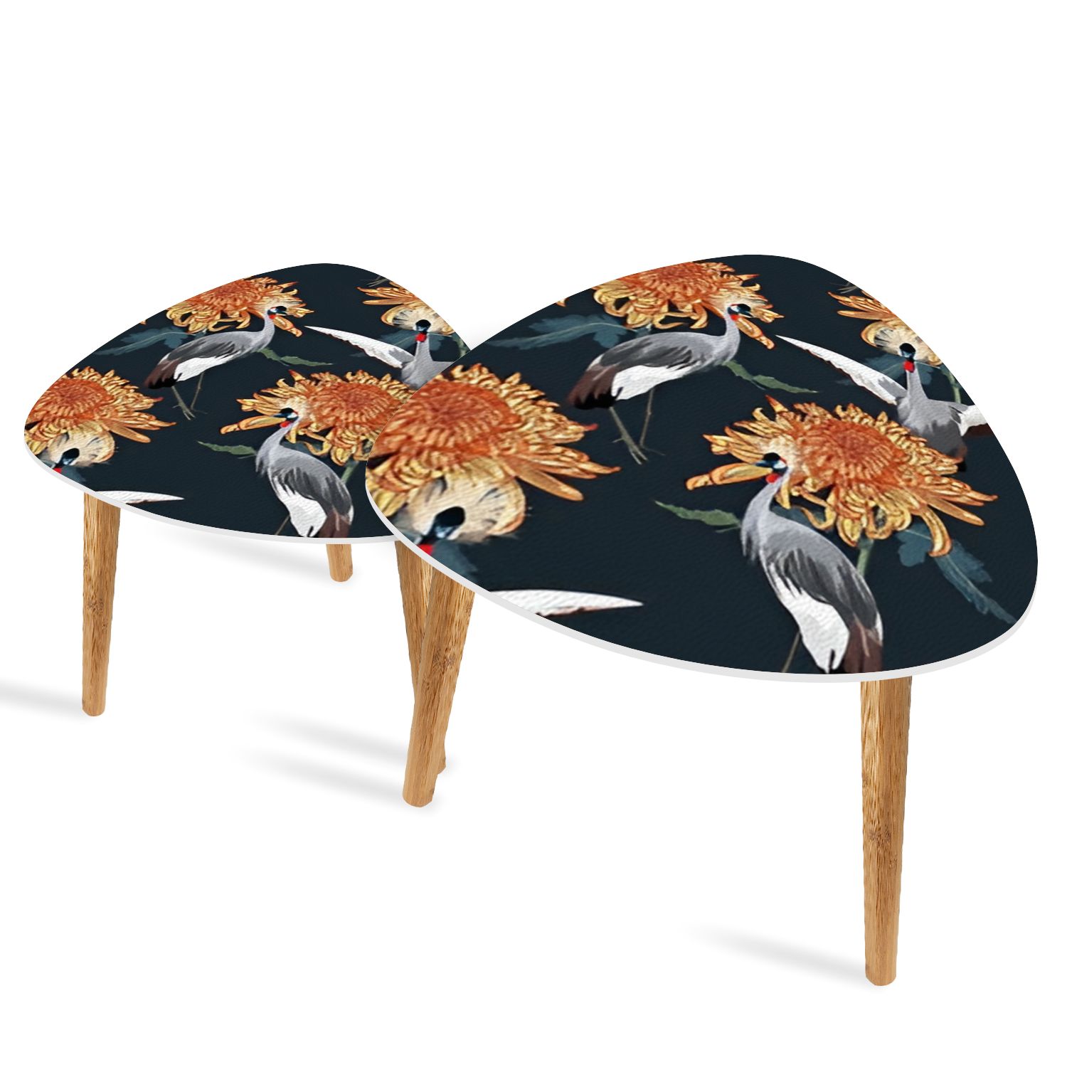 Set of 2 Triangle End Table Seamless pattern Japanese white cranes ...