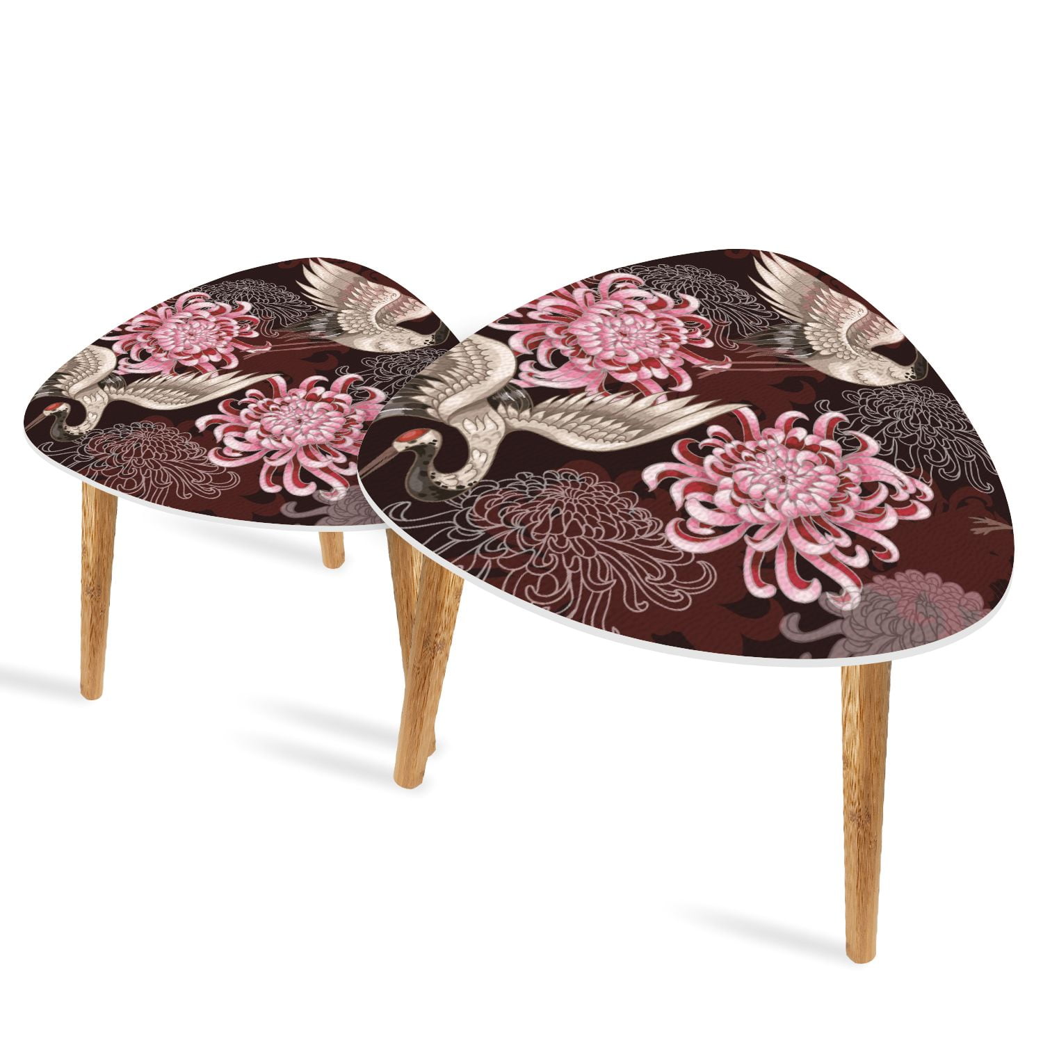 Set of 2 Triangle End Table Seamless pattern Japanese white cranes ...