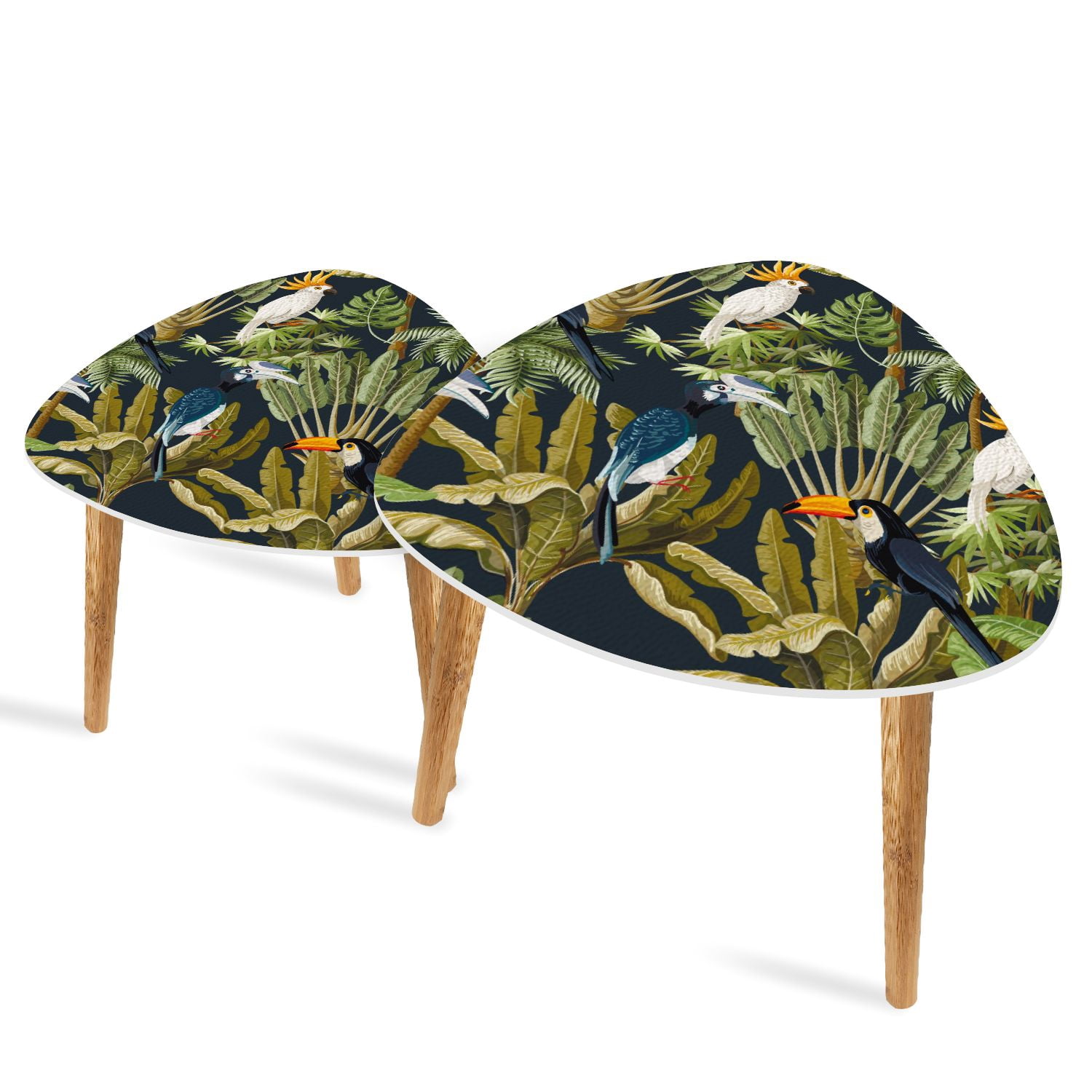 Set of 2 Triangle End Table Seamless pattern exotic trees wild bird ...
