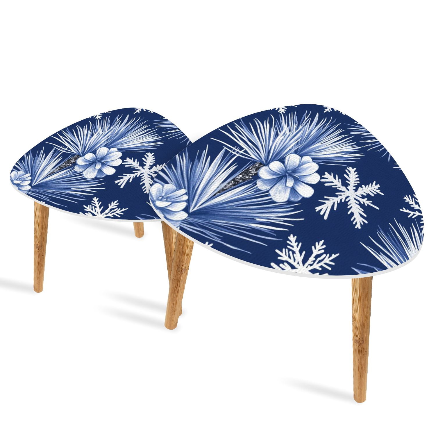 Set of 2 Triangle End Table Snow Blue Pine Tree Christmas Pine Branches ...