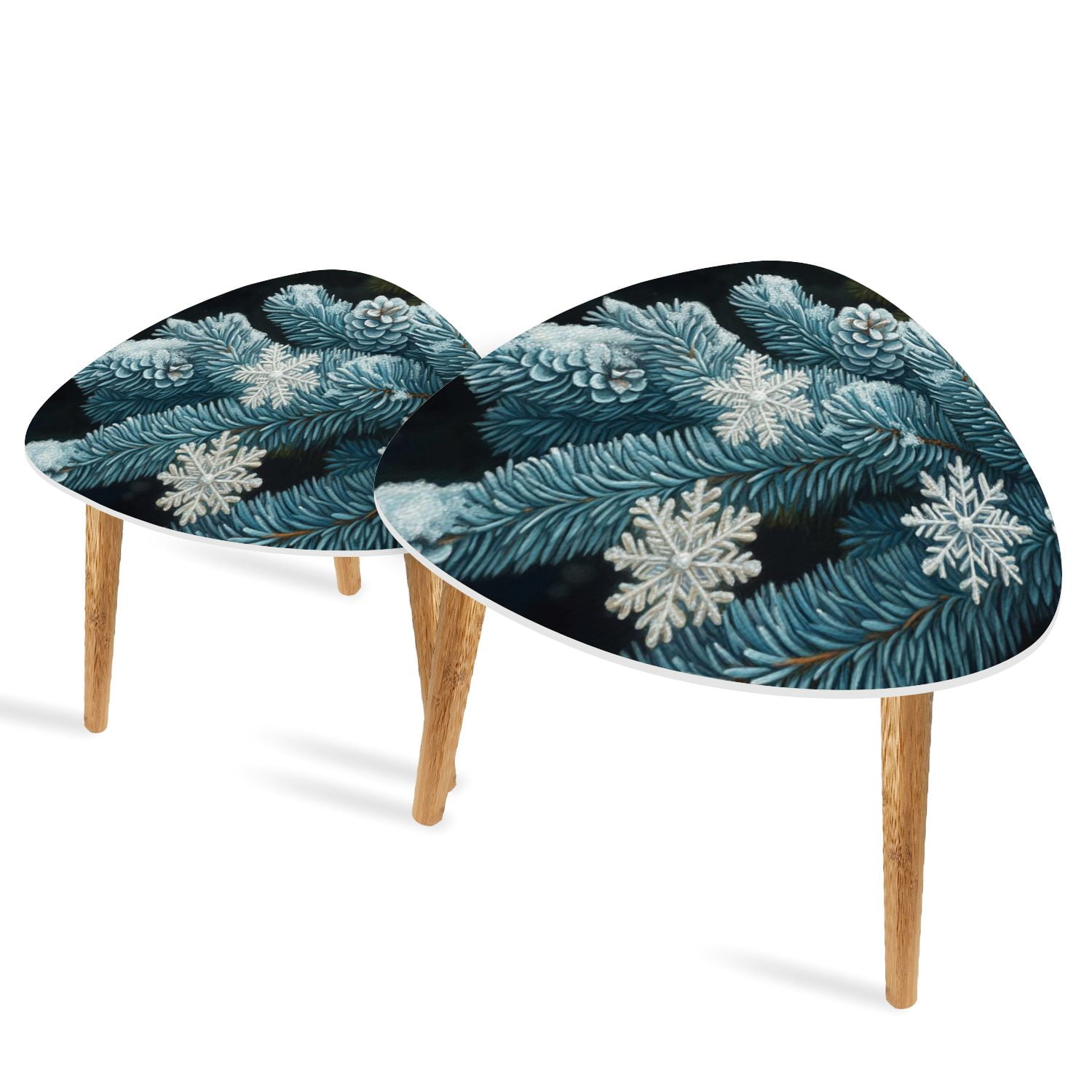 Set of 2 Triangle End Table Snow Blue Pine Tree Christmas Pine Branches ...
