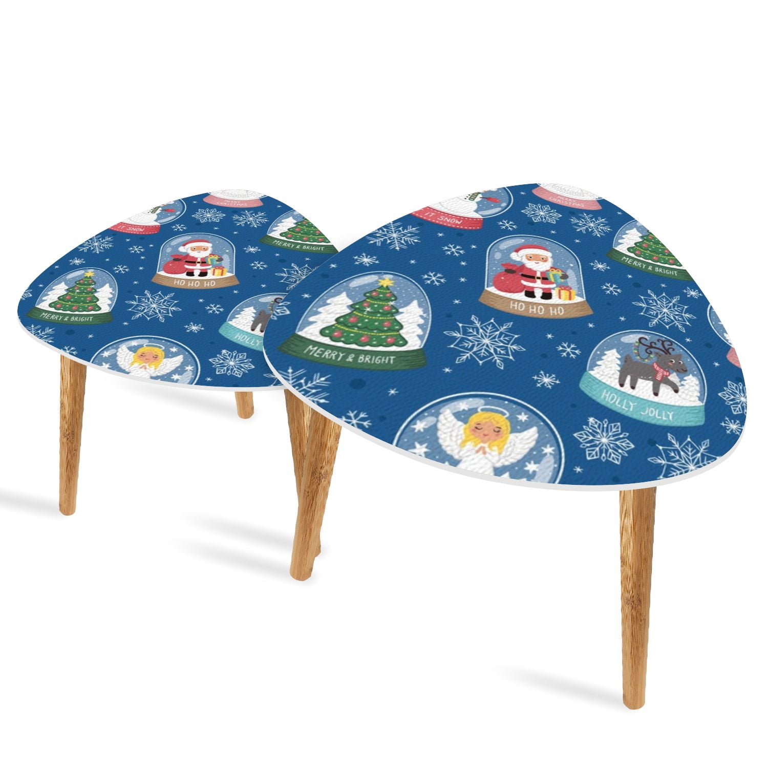 Set of 2 Triangle End Table Snow globe different characters Santa Deer ...