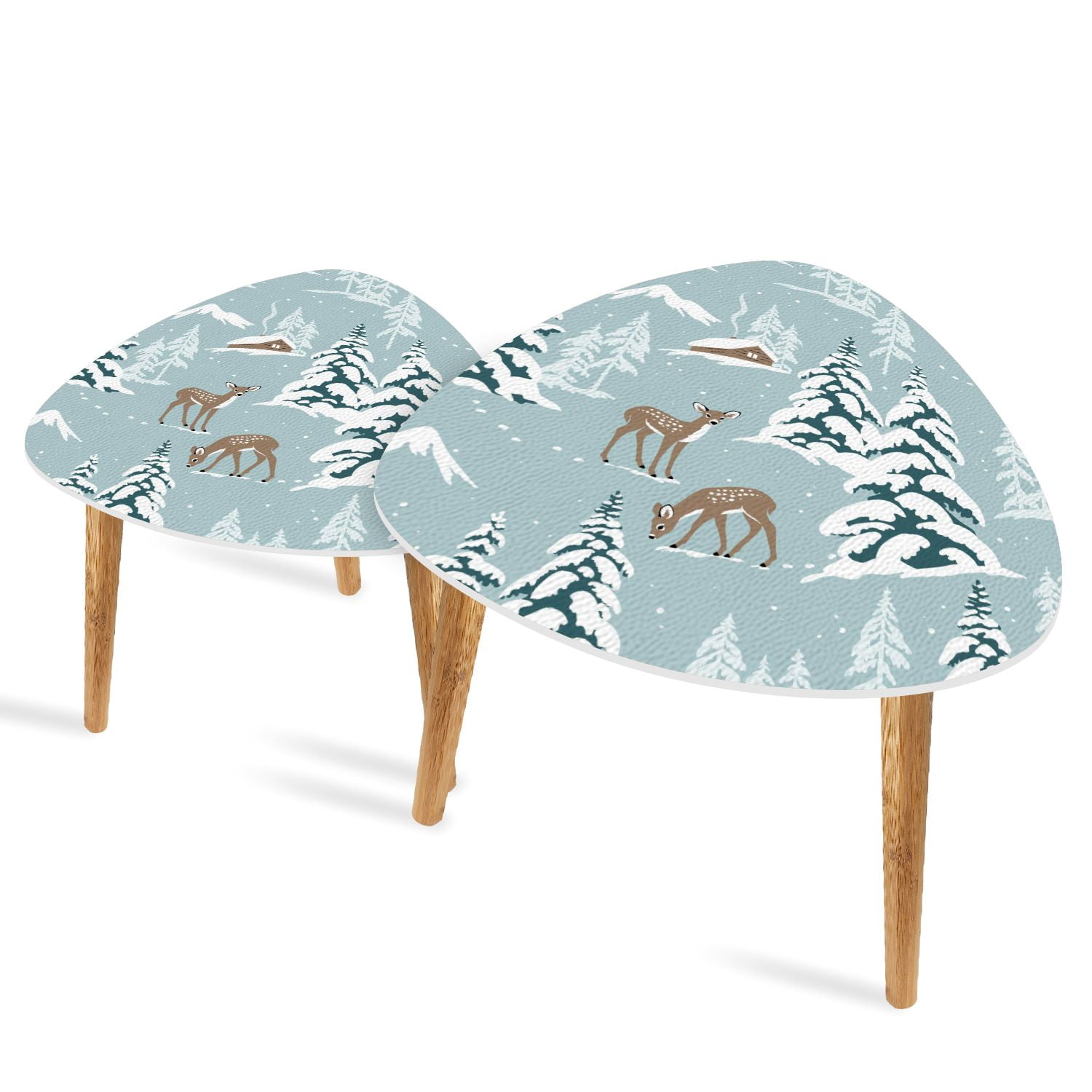 Set of 2 Triangle End Table Snowy landscape seamless pattern deer ...