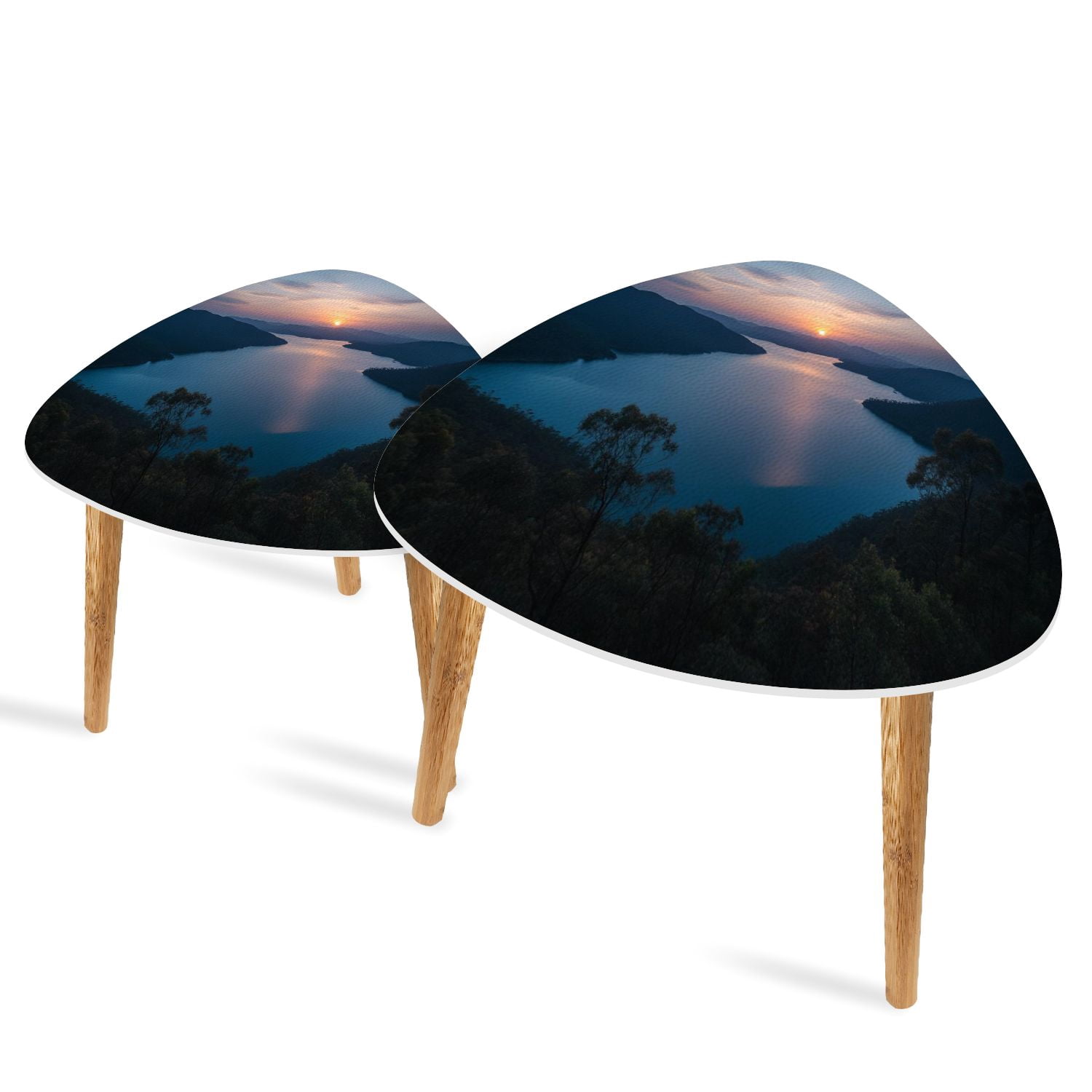 Set of 2 Triangle End Table Sunset Lakes Oriental Mountains Lakes At ...