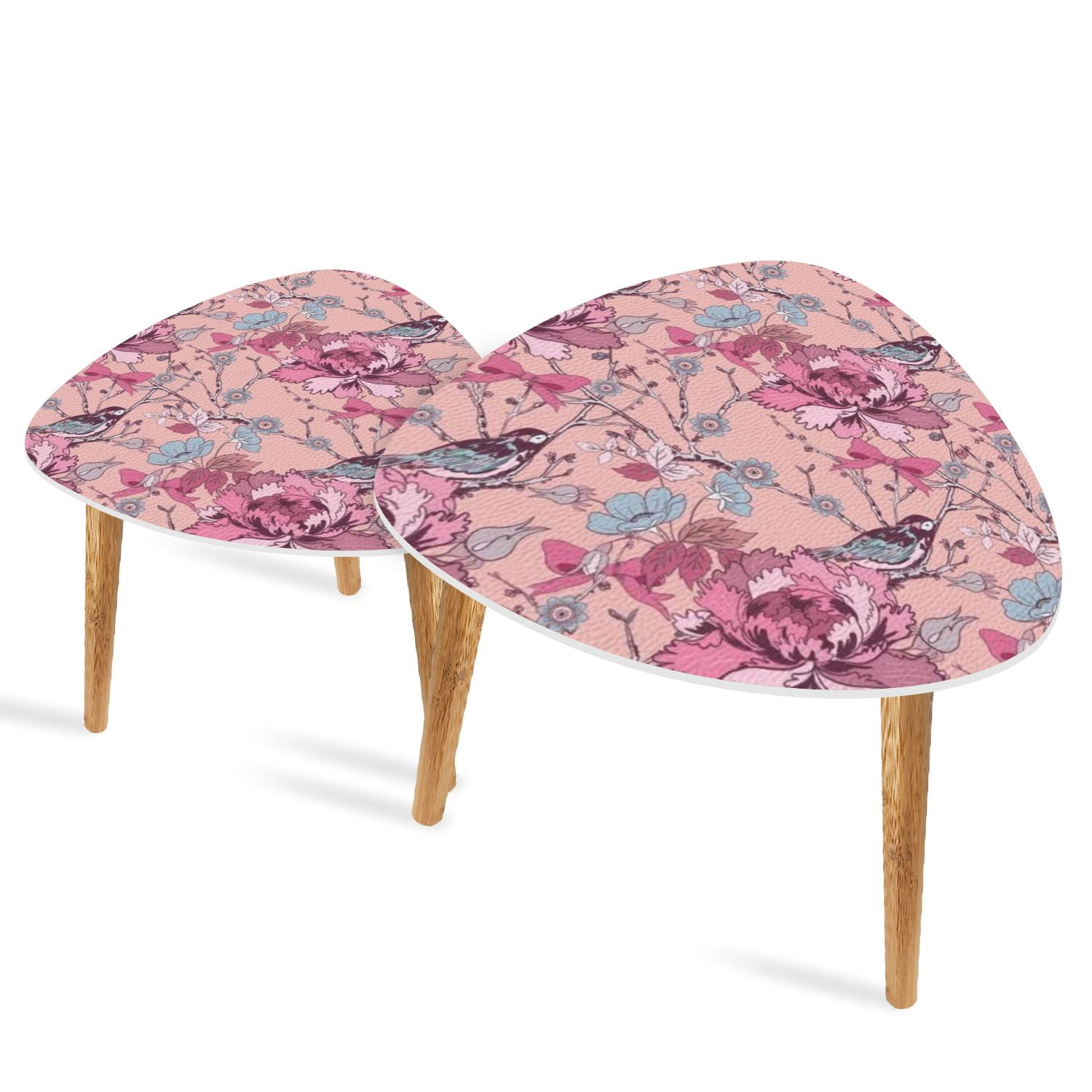 Set of 2 Triangle End Table Traditional Pink Chinoiseries Style Peonies ...