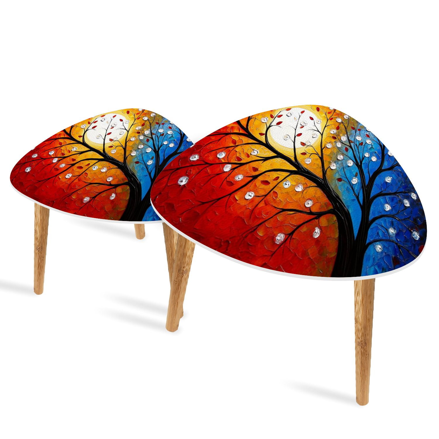 Set of 2 Triangle End Table Tree Trees Oil Painting Branches Leaves ...