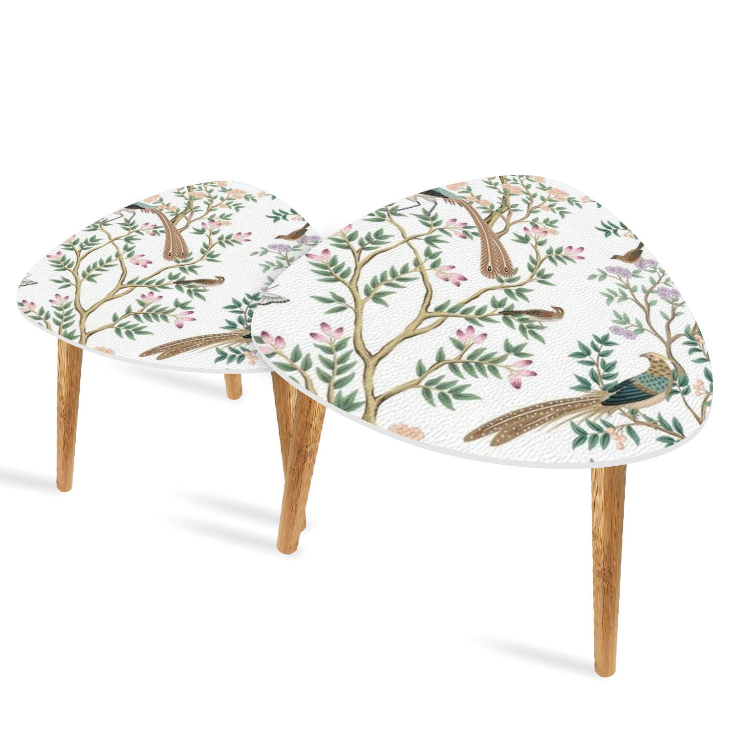 Set of 2 Triangle End Table Vintage botanical garden tree Chinese birds ...
