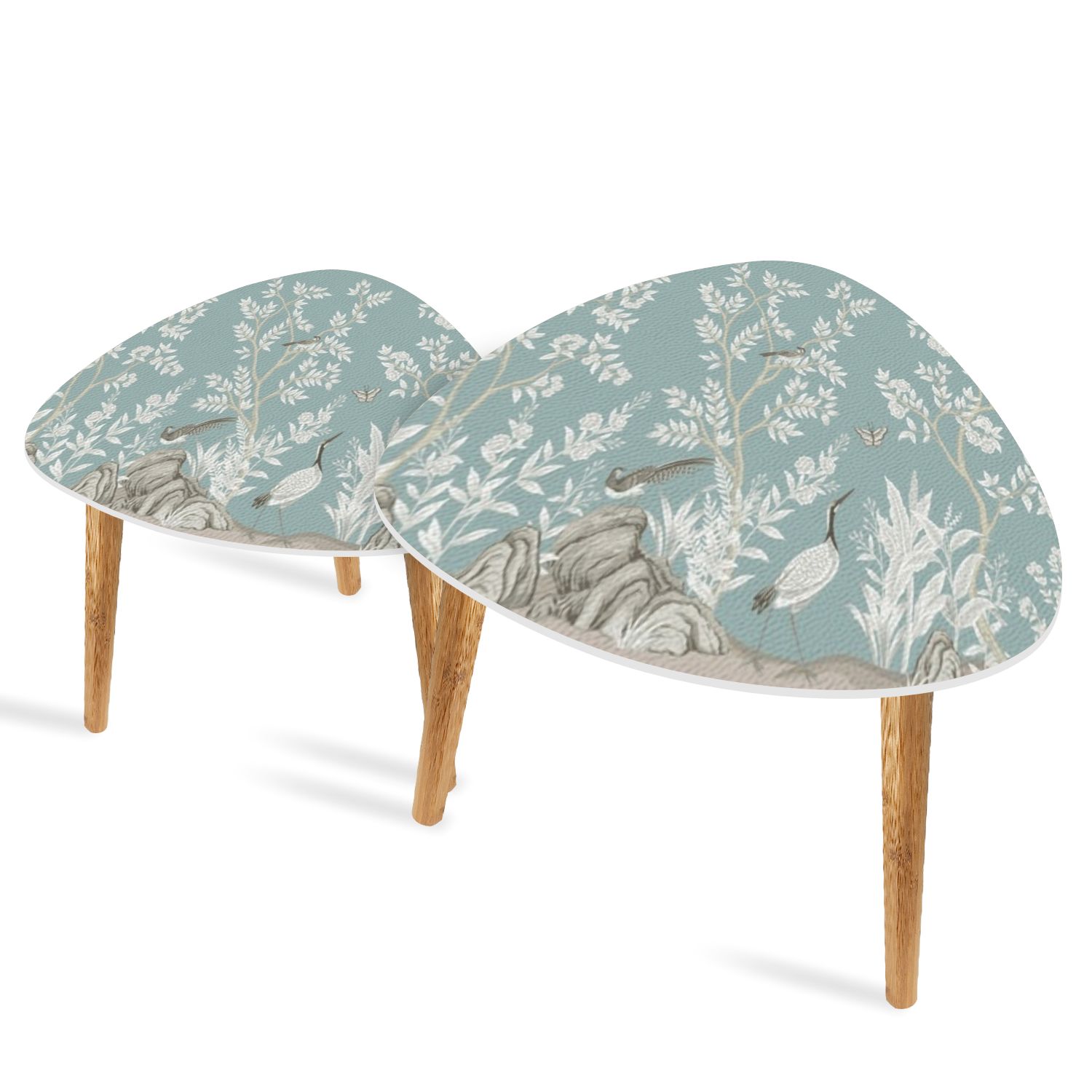 Set of 2 Triangle End Table Vintage botanical garden tree Chinese birds ...