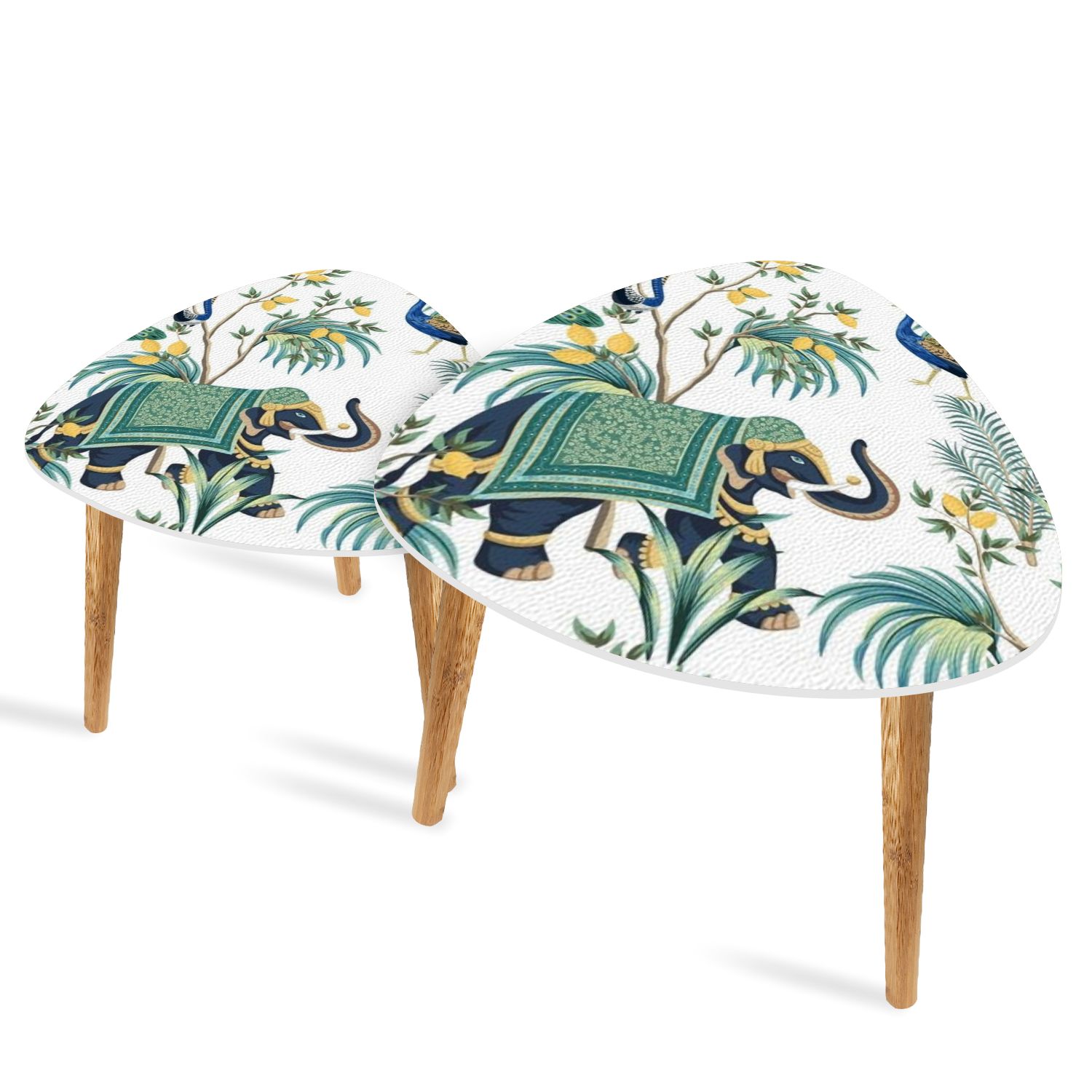 Set of 2 Triangle End Table Vintage botanical lemon tree bird Indian ...
