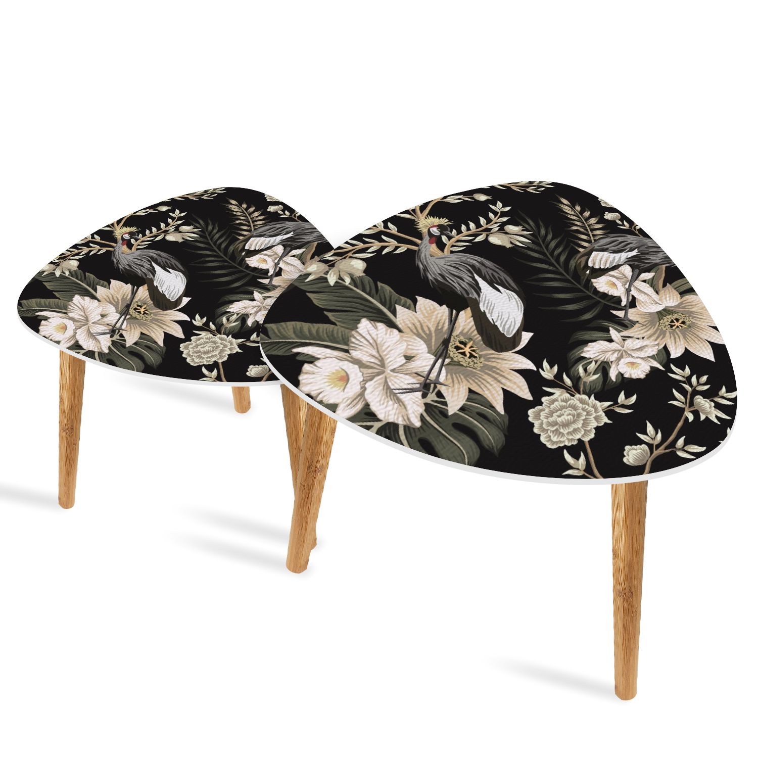 Set of 2 Triangle End Table Vintage garden tree crane bird lotus flower ...