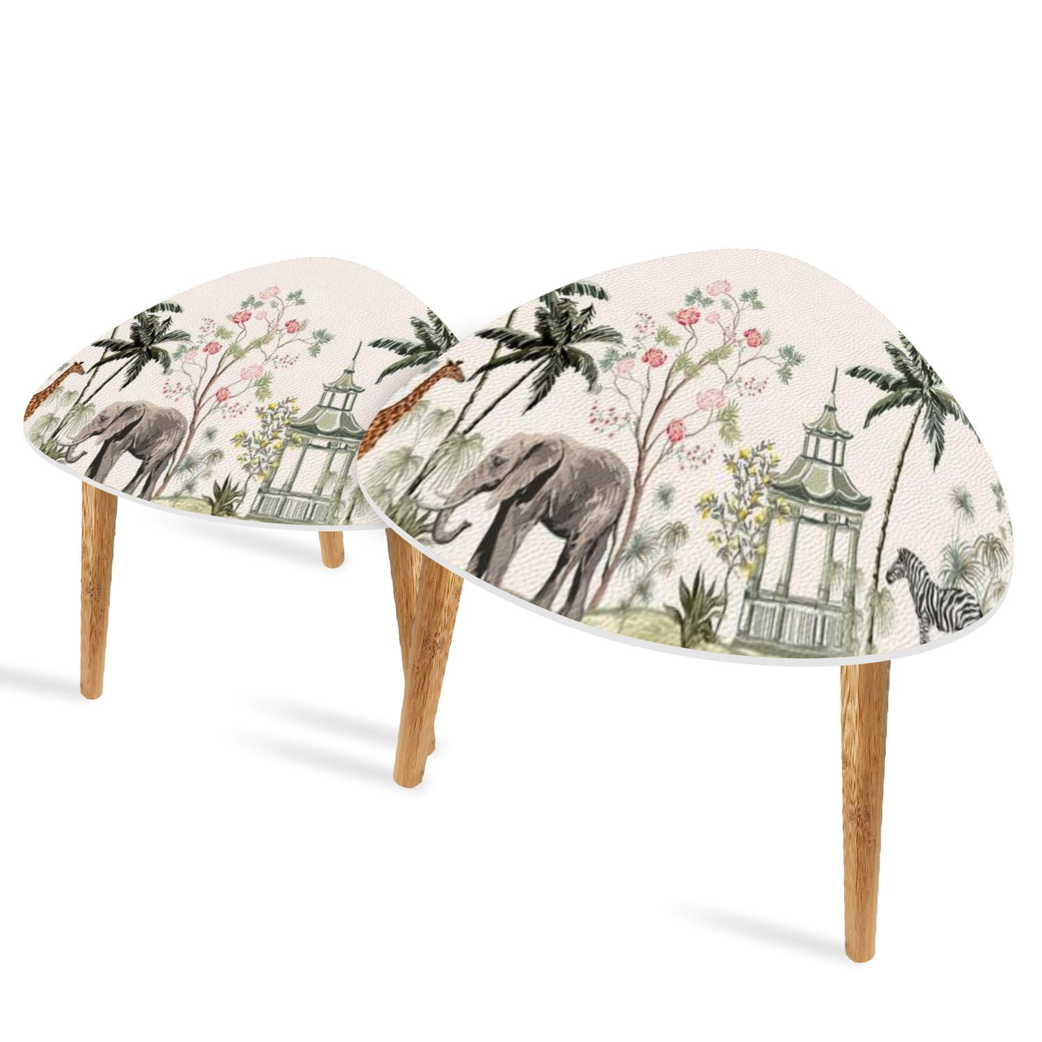 Set of 2 Triangle End Table Vintage indian floral palm trees elephant ...
