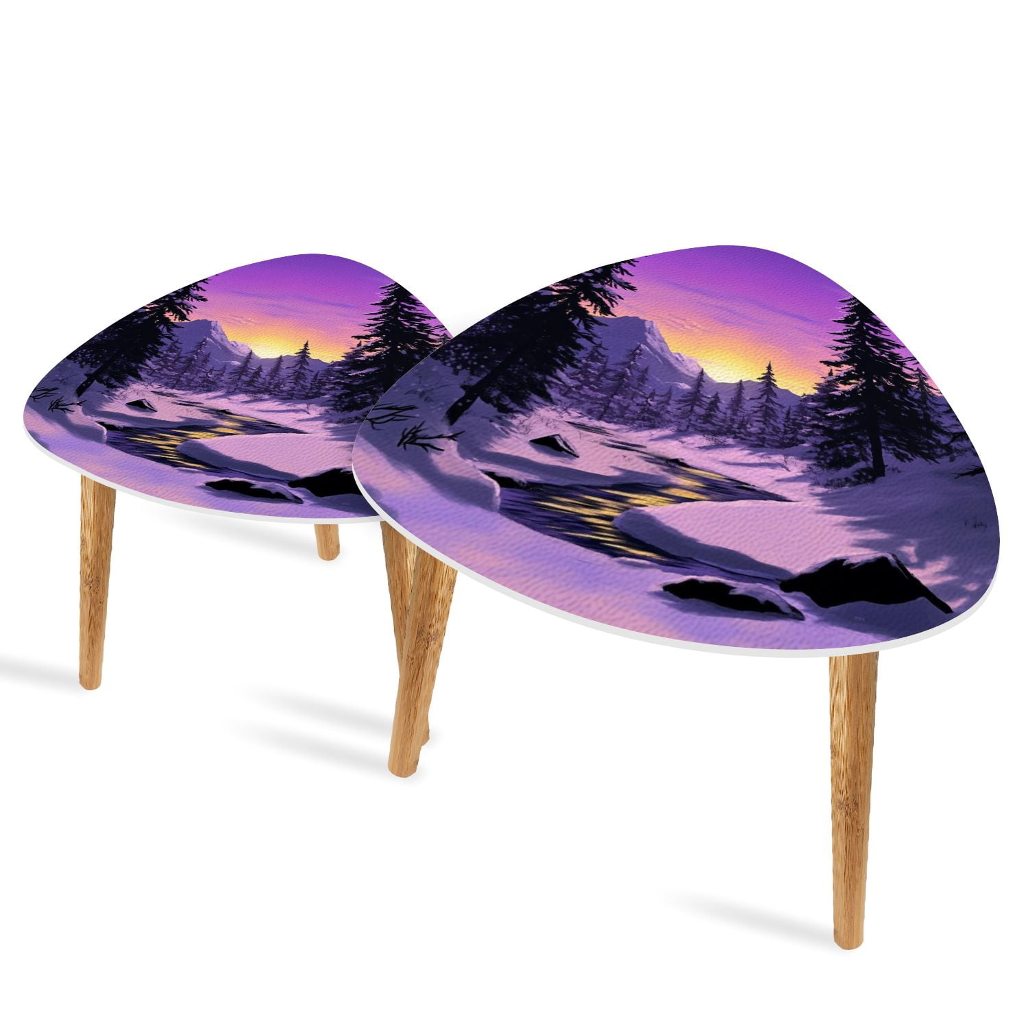 Set of 2 Triangle End Table Winter Dreamlike Snow Sunset Snow Forest ...
